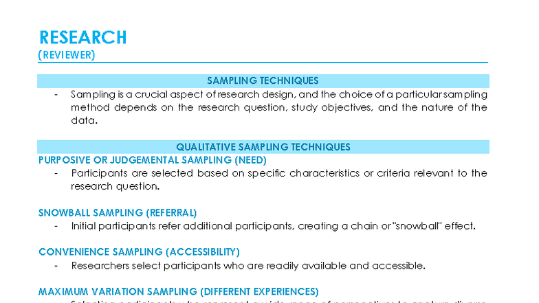 Sampling Techniques - RESEARCH (REVIEWER) SAMPLING TECHNIQUES - Sampling is a crucial aspect of ...