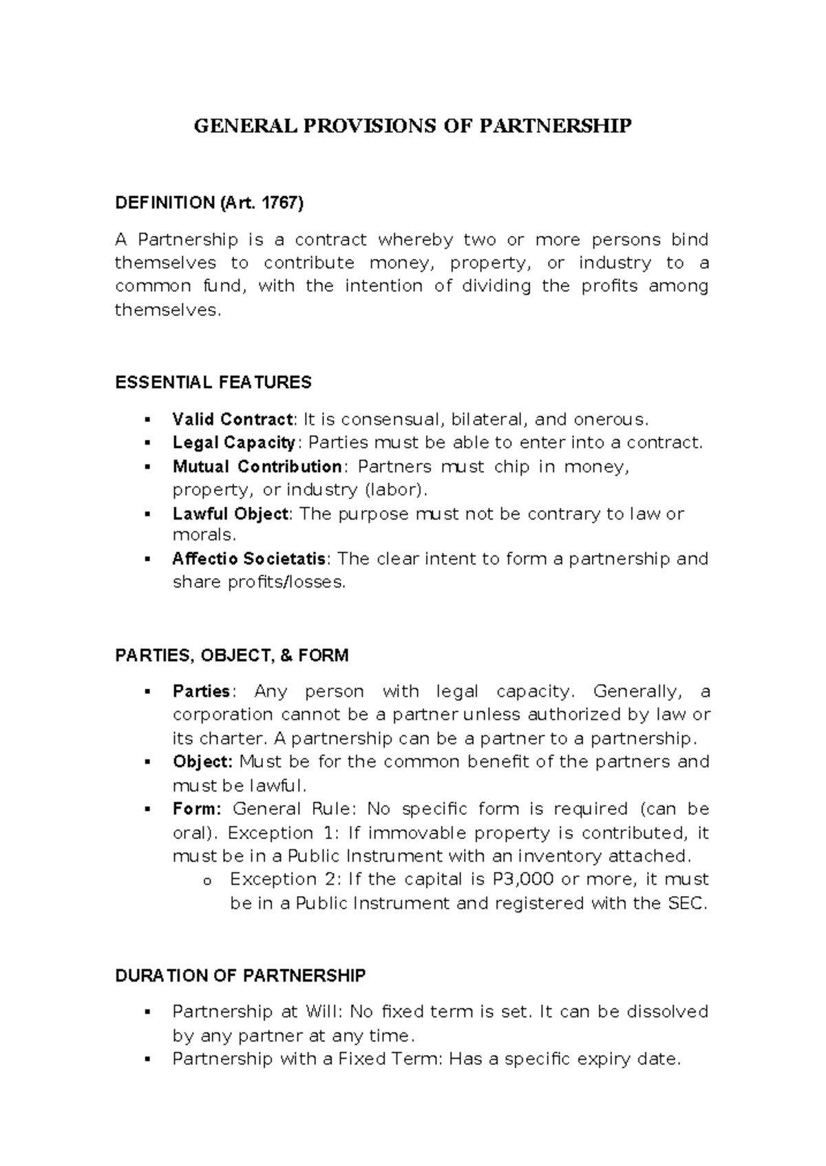 GENERAL PROVISIONS OF PARTNERSHIP (Art. 1767) - Overview - Studocu