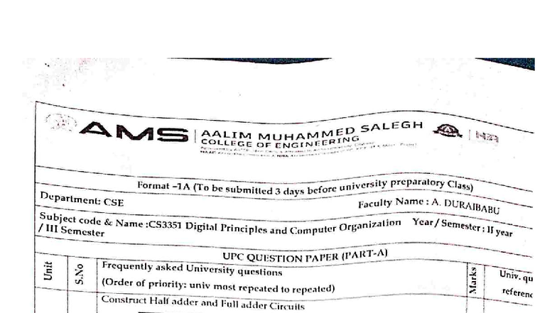 CS3351 Digital Principles & Computer Org - UPC Question Paper - Studocu