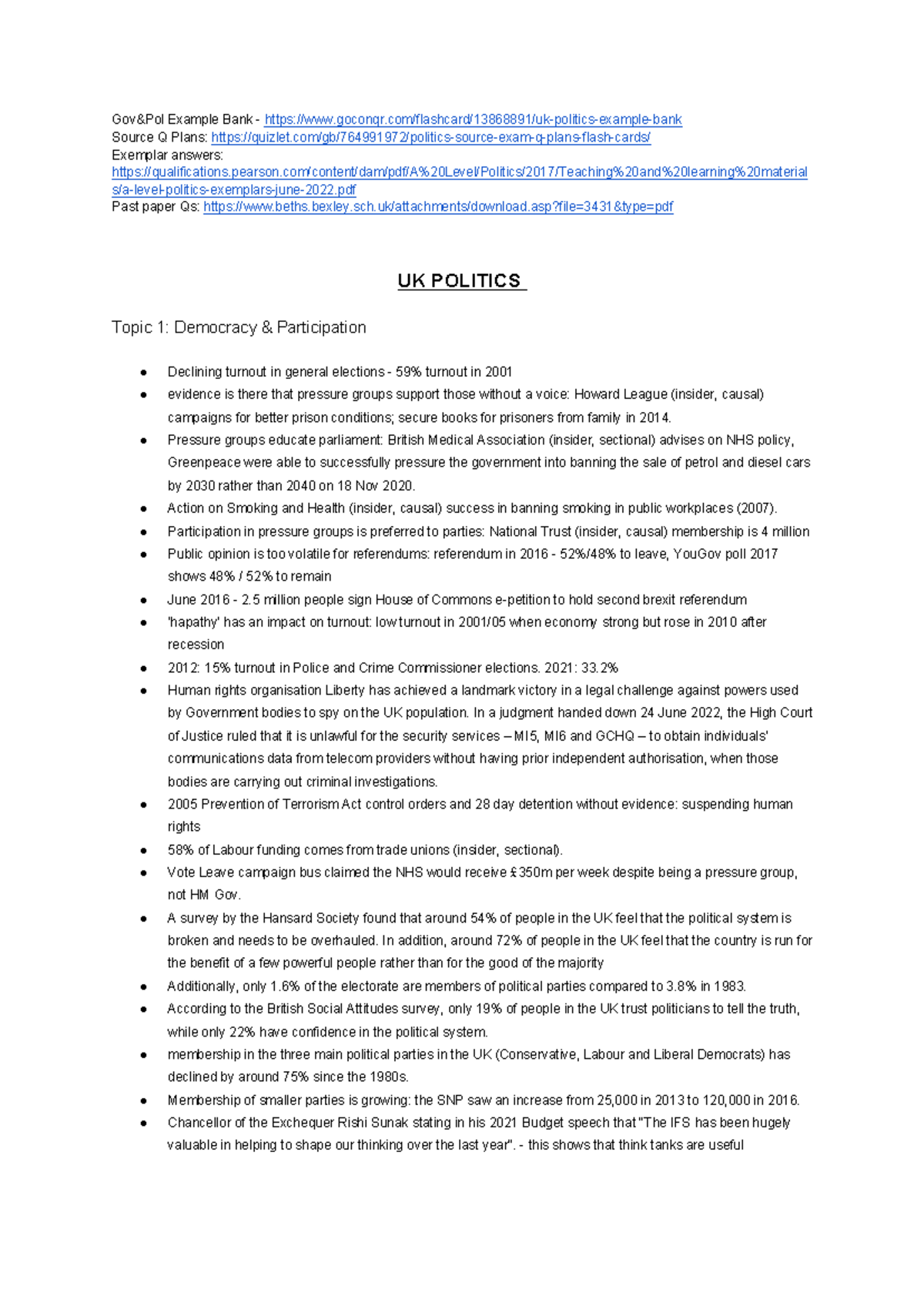 A Level Politics A01: Bank of Example Answers on UK Politics Topics ...