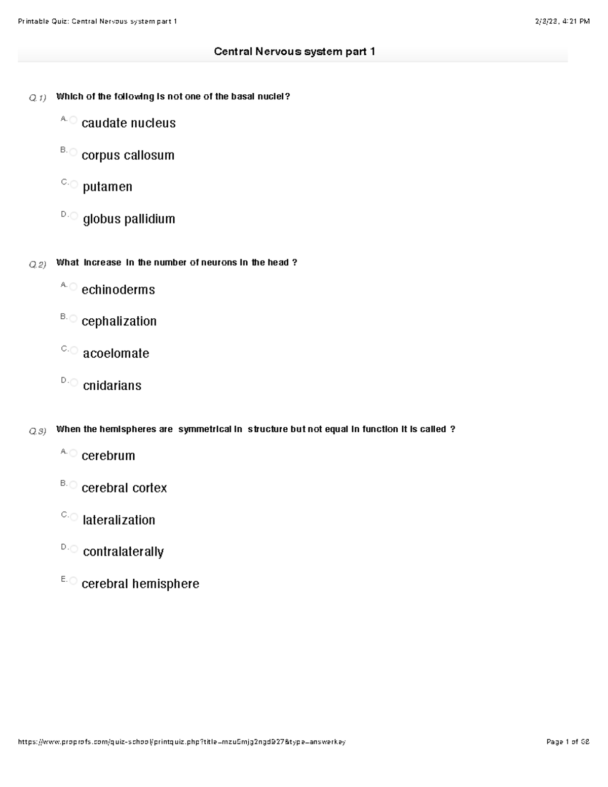 Printable Quiz: Central Nervous System Study Guide Part 3 - Studocu