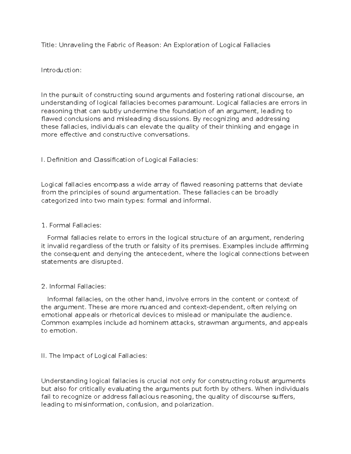 Logical Fallacy Essay: Understanding and Addressing Flaws in Reasoning ...