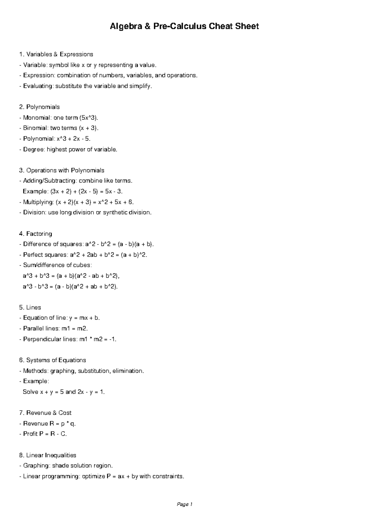 Algebra Cheat Sheet: Key Concepts & Operations - Studocu