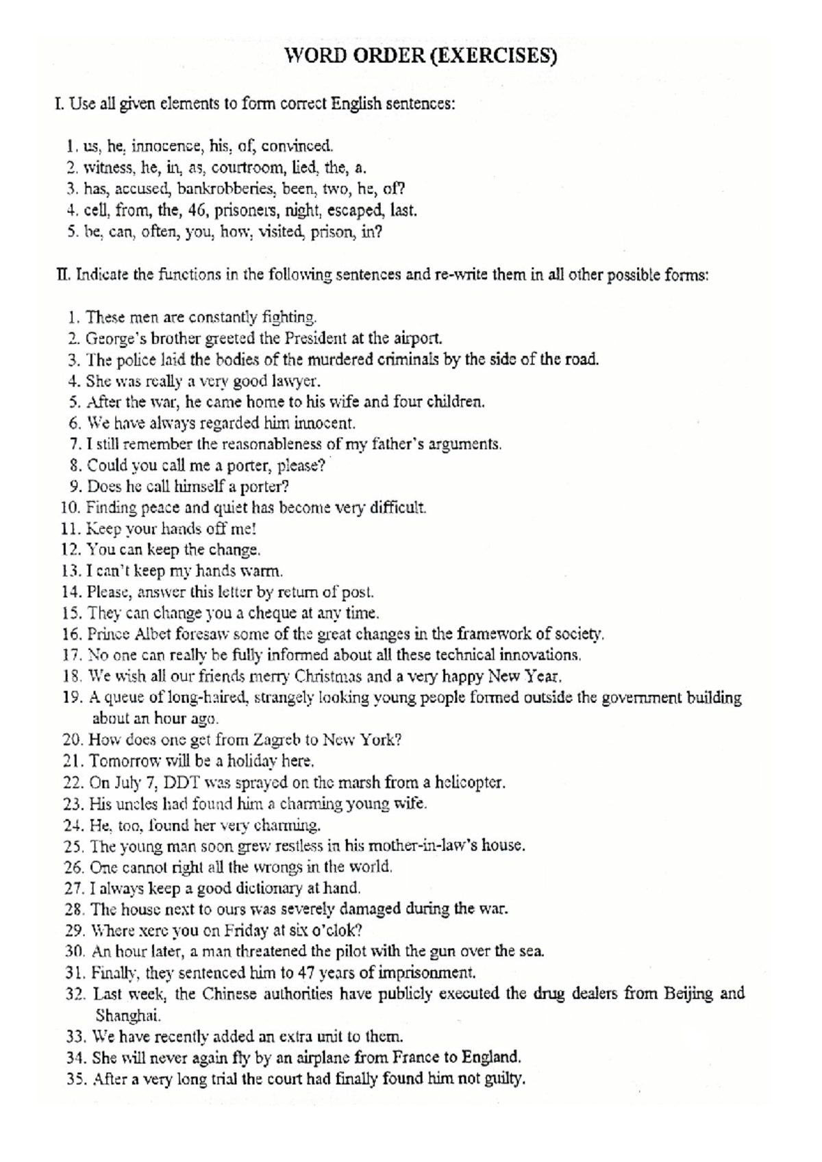 WORD ORDER IN A SIMPLE SENTENCE - EXERCISES - Studocu