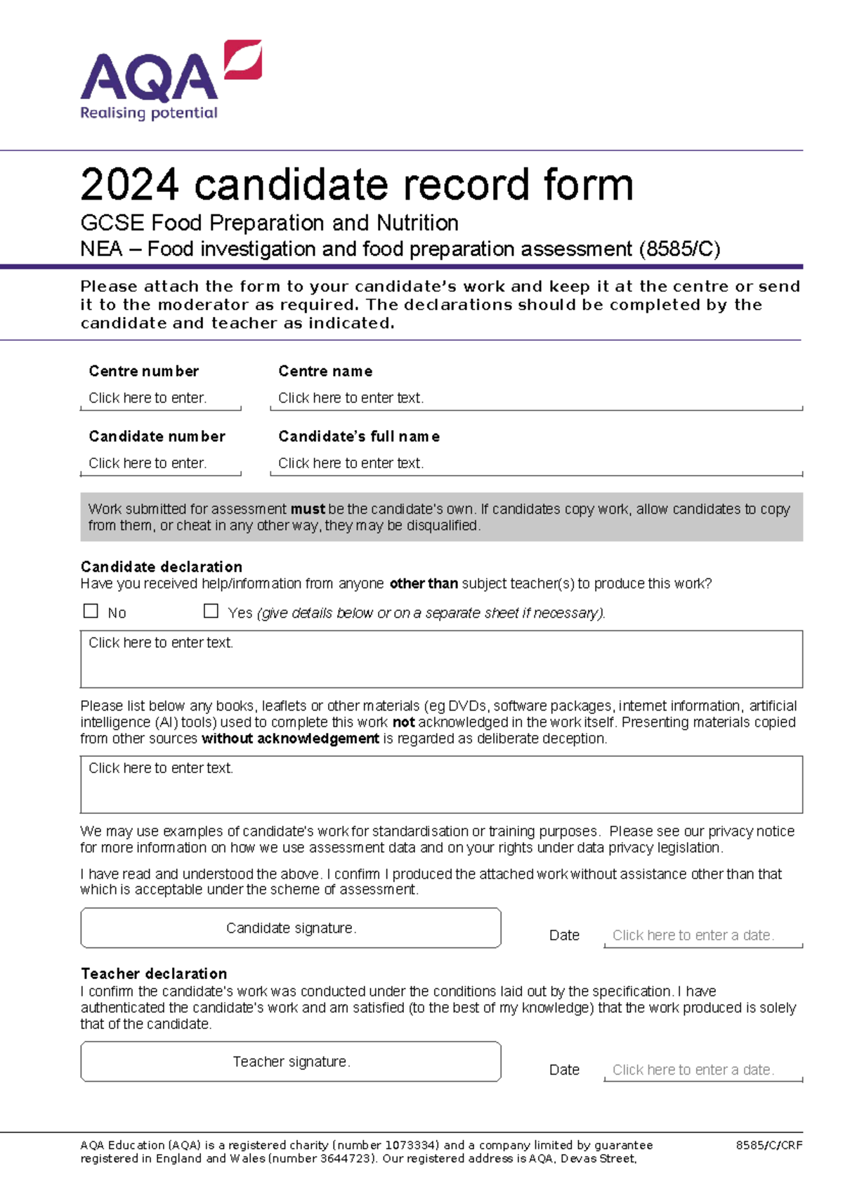 AQA 8585C Candidate Record Form for GCSE Food Prep & Nutrition 2024 ...