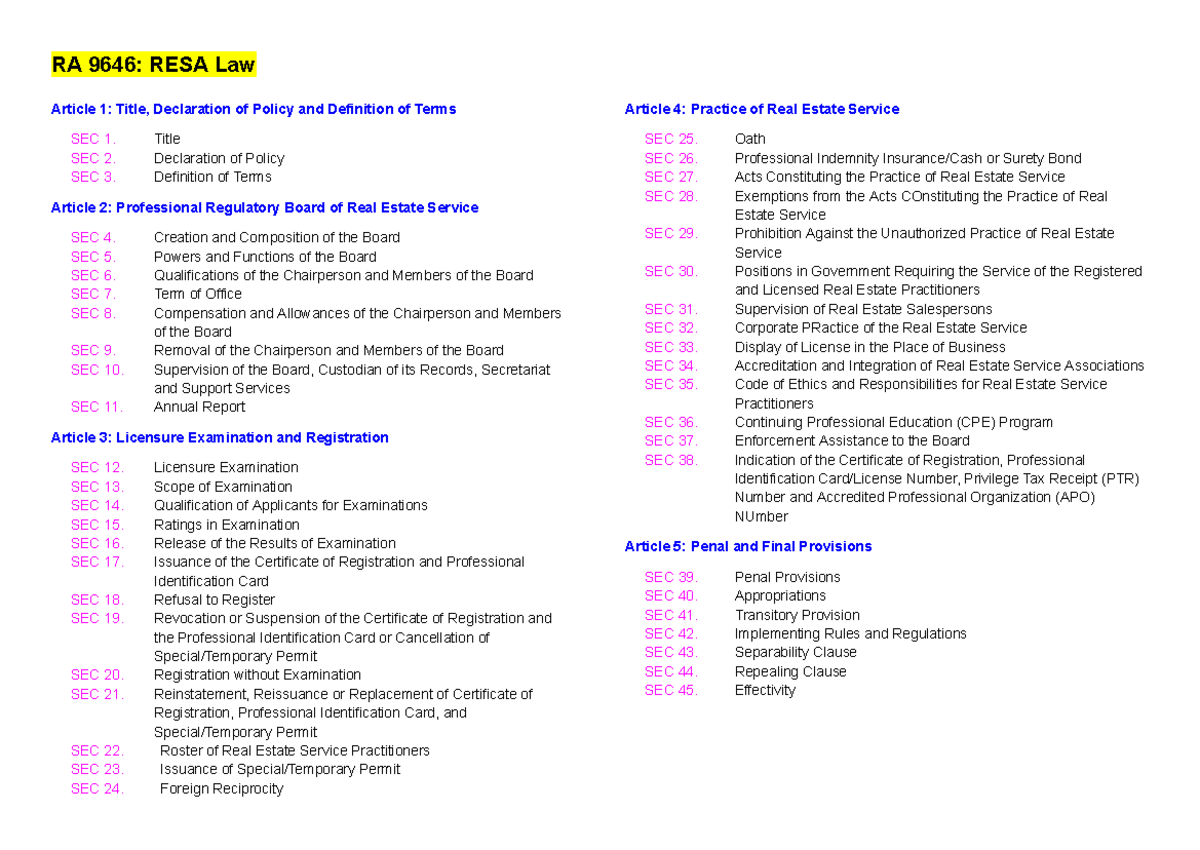 RA 9646: RESA Law Overview - Articles & Sections Summary - Studocu