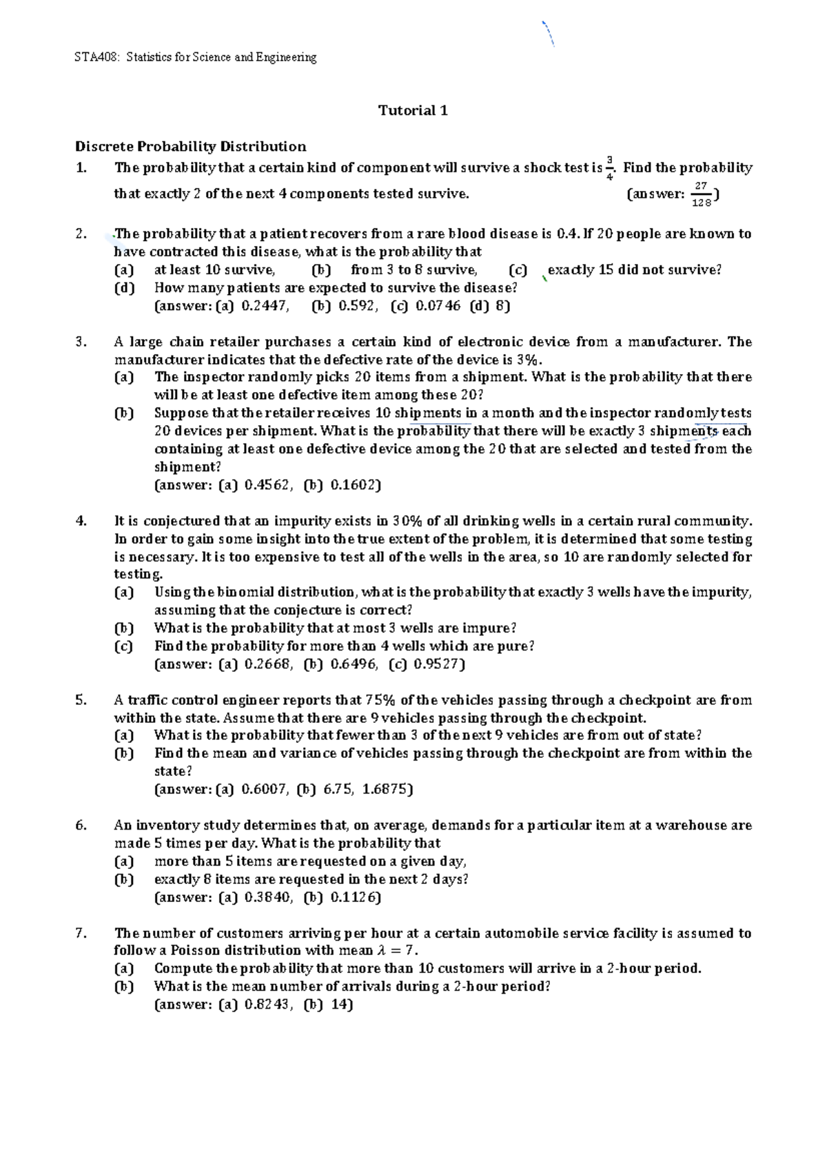 STA408: Tutorial 1 - Discrete Probability Distribution Analysis - Studocu