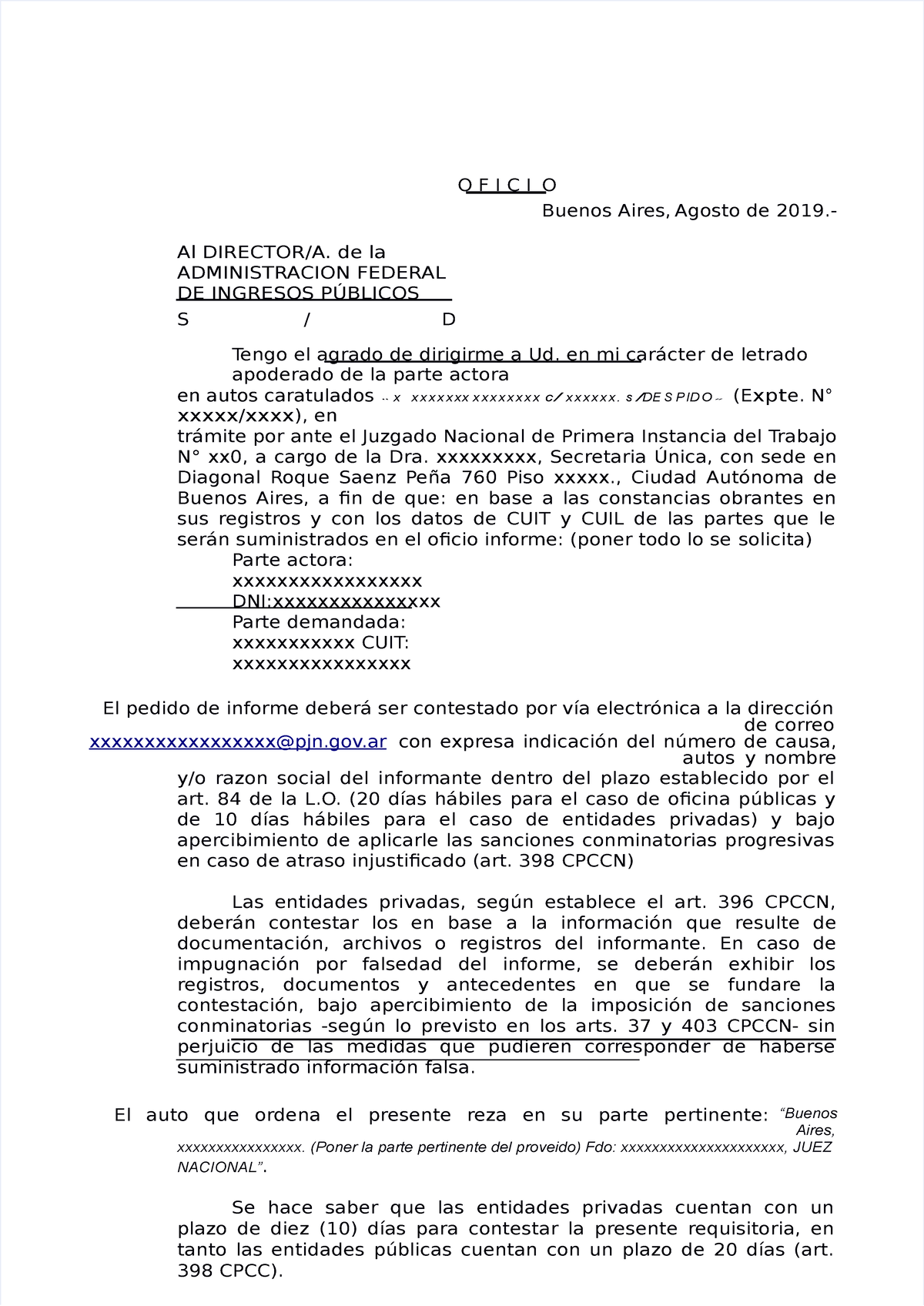 Modelo de Oficio para Solicitud de Informe AFIP - Studocu