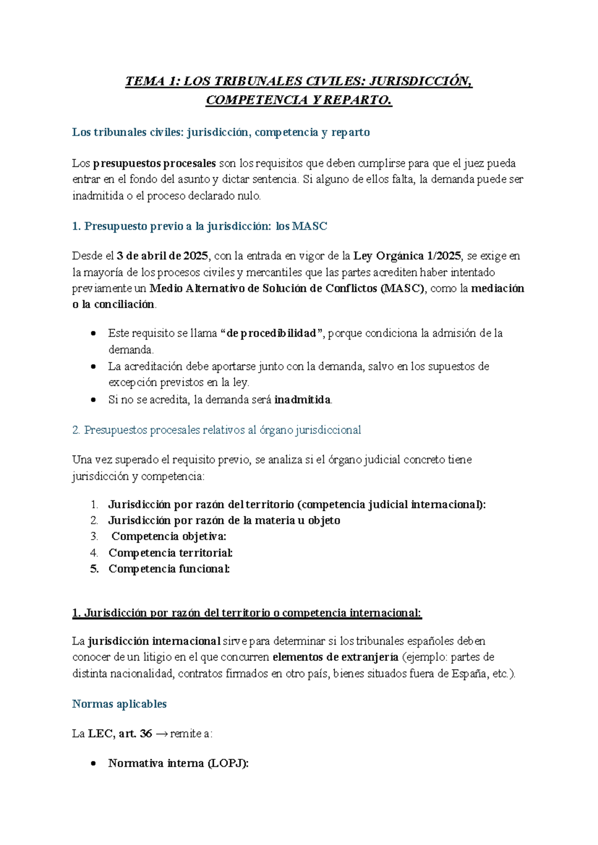 TEMA 1: JURISDICCIÓN Y COMPETENCIA EN TRIBUNALES CIVILES - Studocu