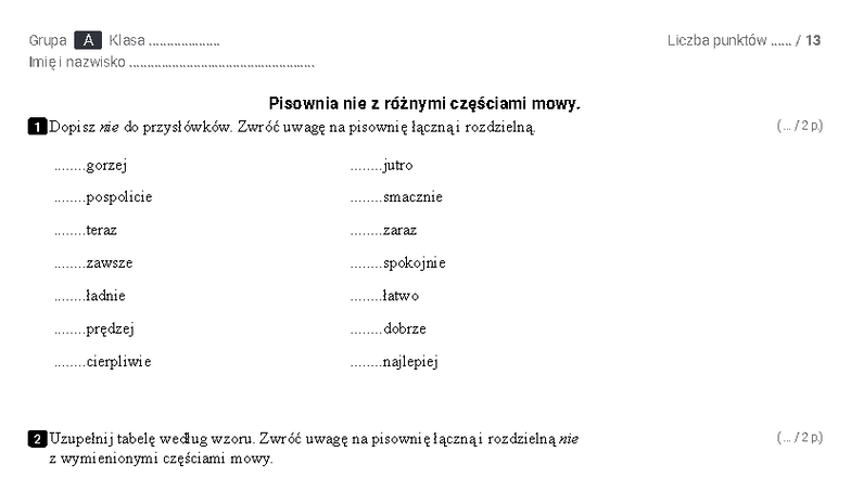 Kartkówka kl. 4 j. polski: Pisownia "nie" z częściami mowy - Studocu