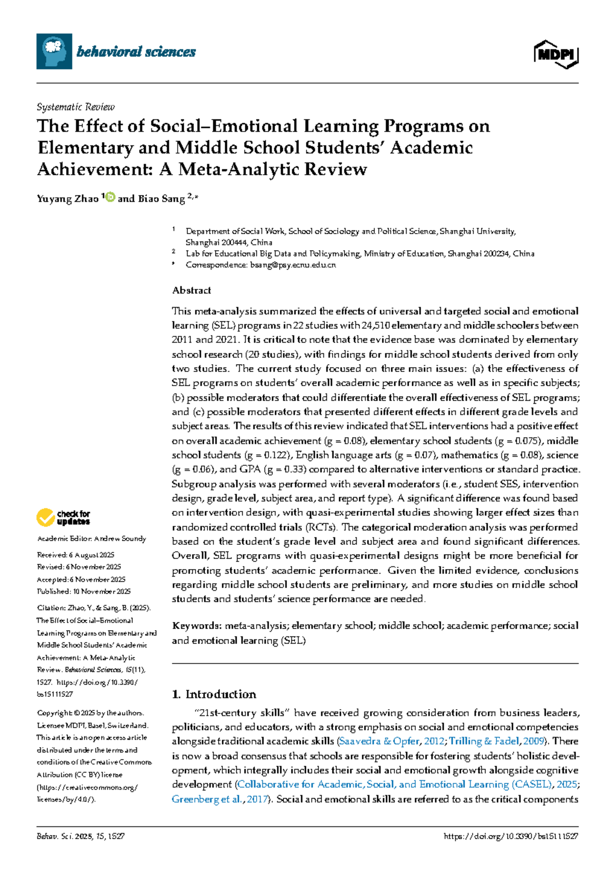 SEL Programs and Their Impact on Academic Achievement in Elementary and ...