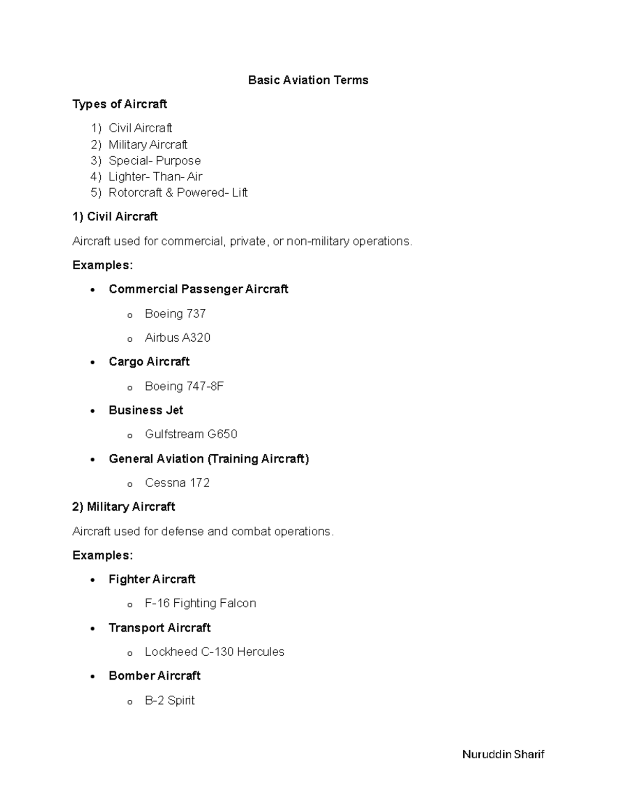 Basic Aviation Knowledge: Types of Aircraft and Key Terms - Studocu