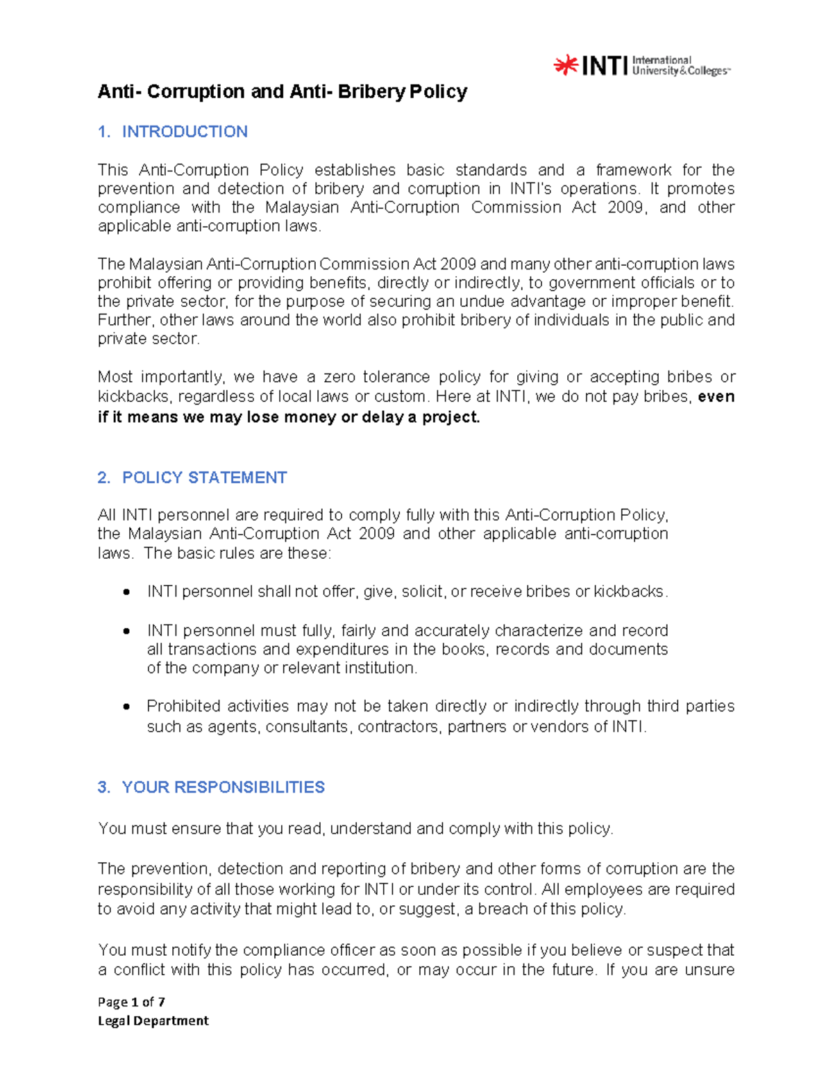 INTI Anti-Corruption & Bribery Policy: Compliance Guidelines - Studocu