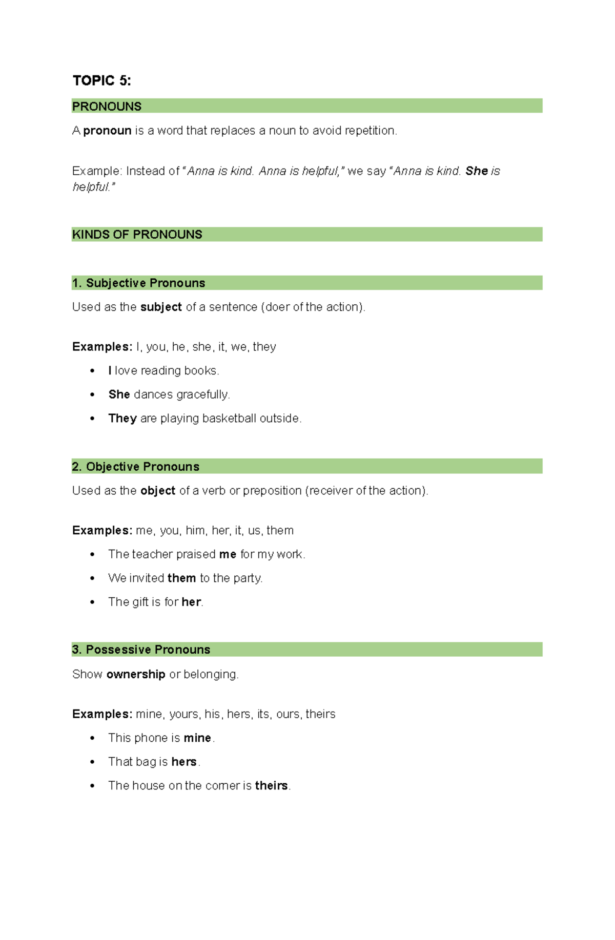 ENG 101: Topic 5 - Understanding Pronouns and Their Types - Studocu