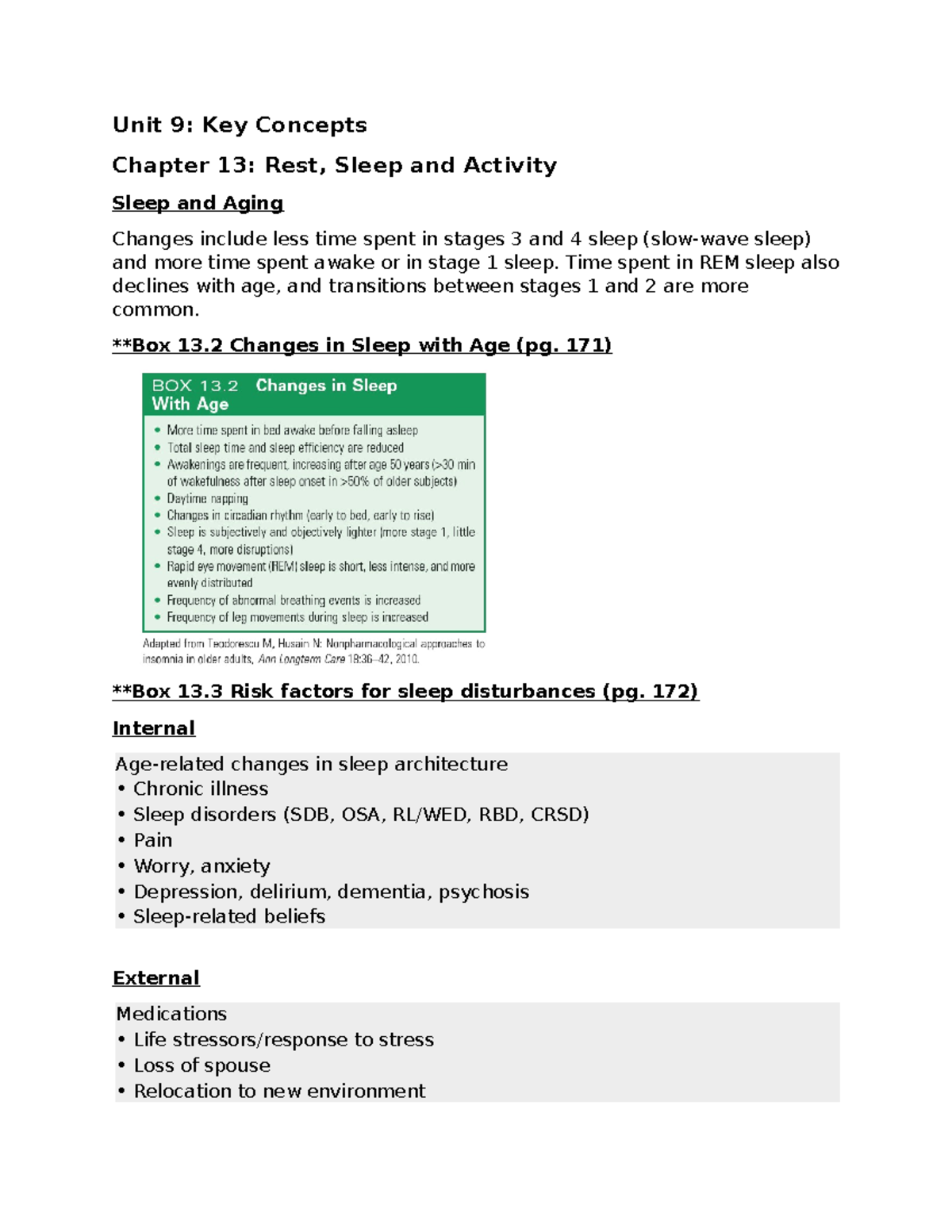 Unit 9 Key Concepts Answer Key for Chapter 13: Rest, Sleep, and ...