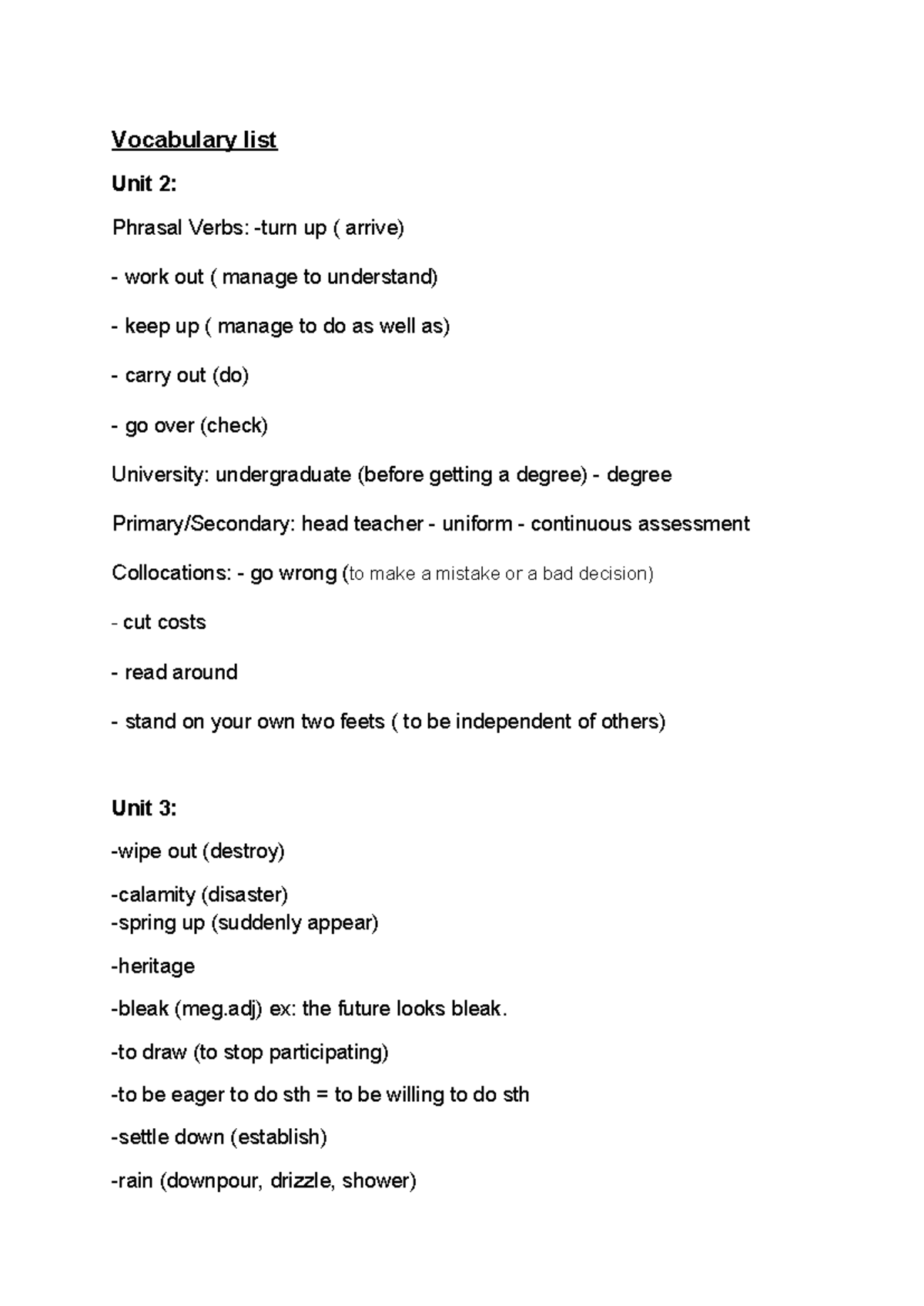 Vocabulary list - vocabulario fce - Vocabulary list Unit 2: Phrasal ...