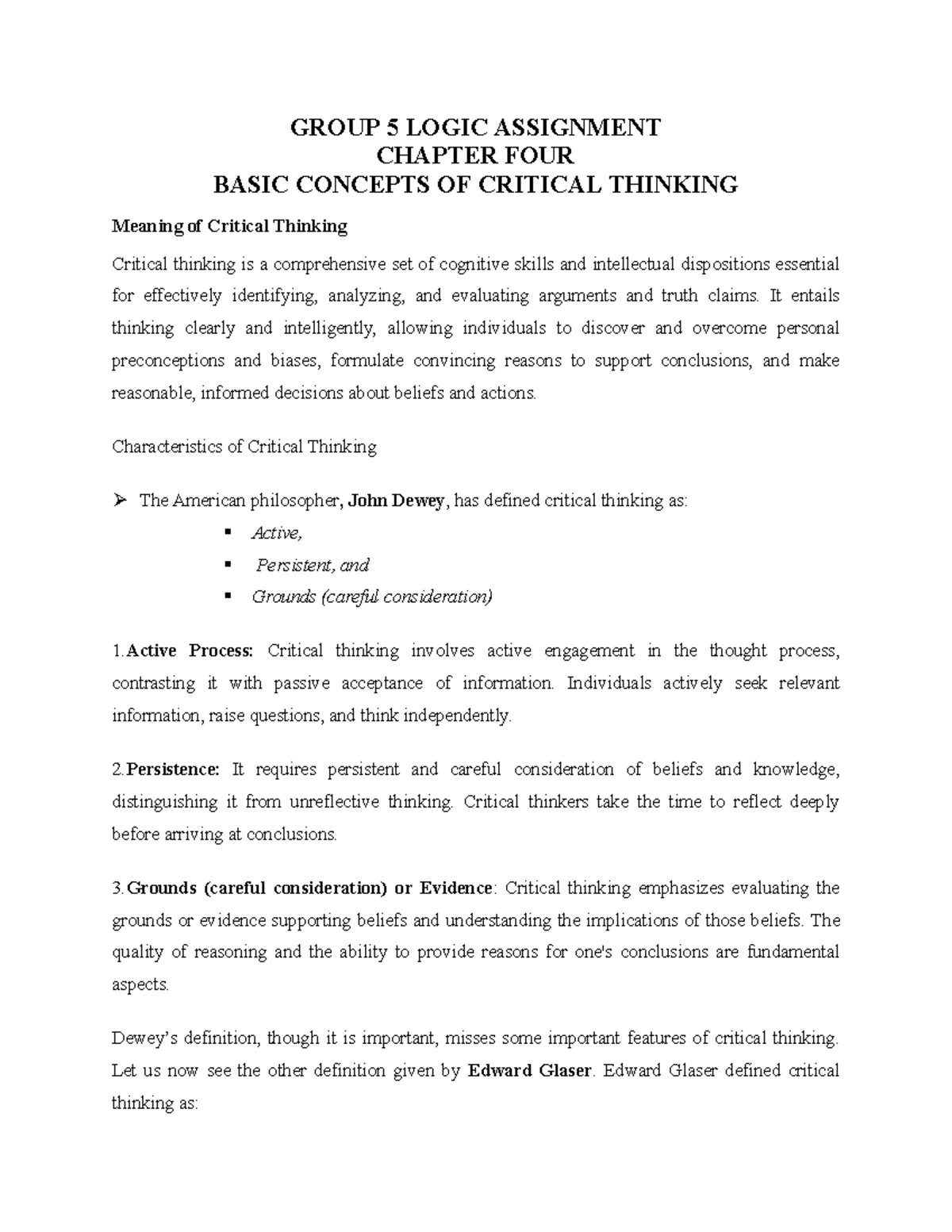 GROUP 5 LOGIC ASSIGNMENT: CHAPTER 4 - CRITICAL THINKING CONCEPTS - Studocu