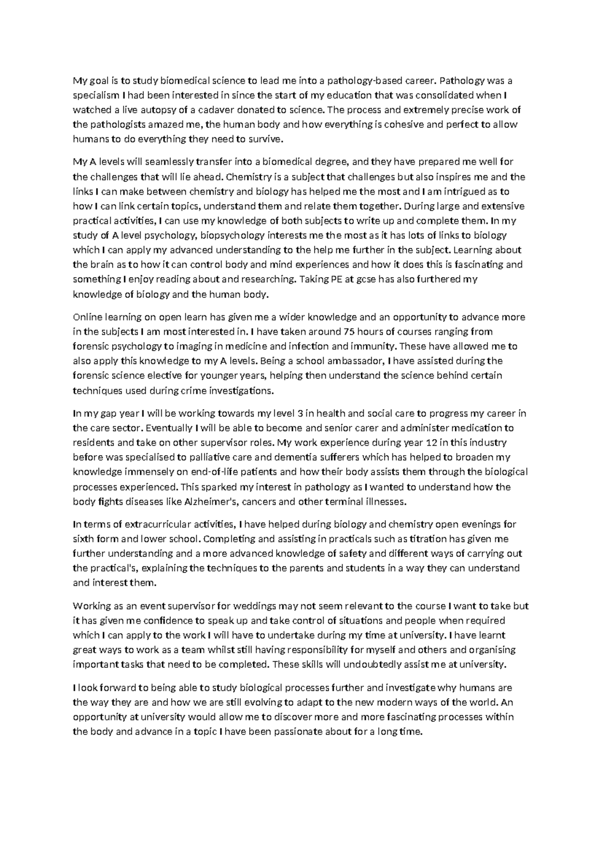 Biomedical Science Personal Statement for Pathology Career Aspirations ...