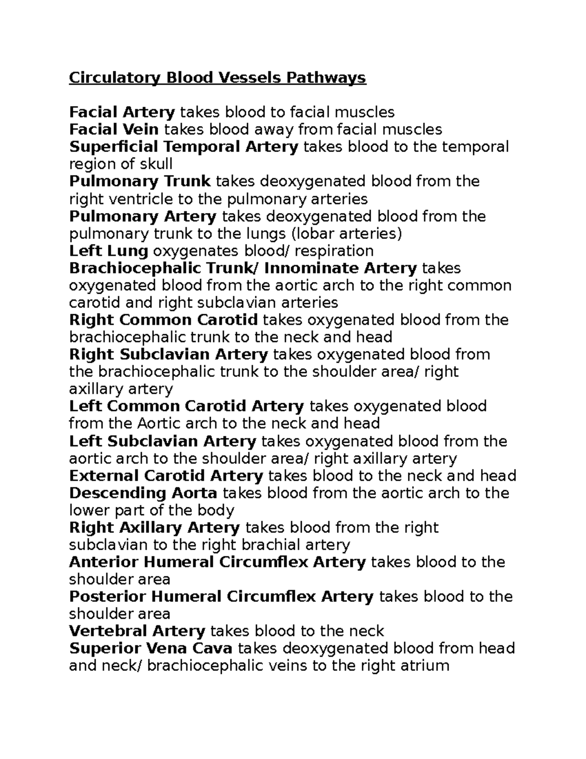 Circulatory System: Pathways of Blood Vessels and Arteries - Studocu