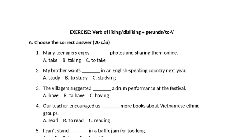 Exercise: Verb Forms and Usage (Ving-Tov) - 20 Questions - Studocu