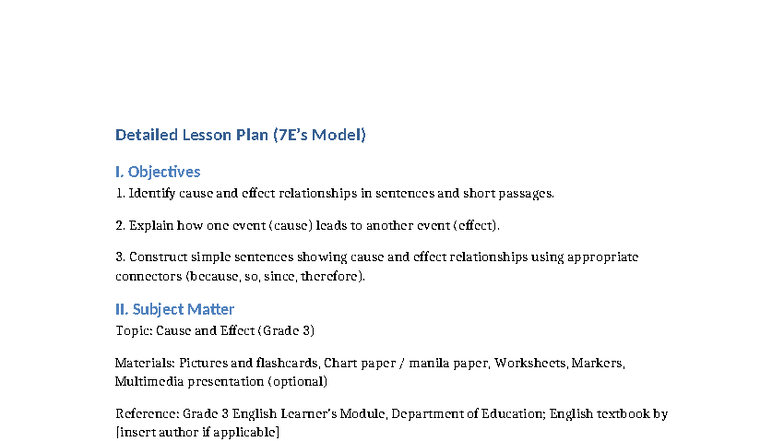 Detailed Lesson Plan (7Es) on Cause and Effect for Grade 3 - Studocu