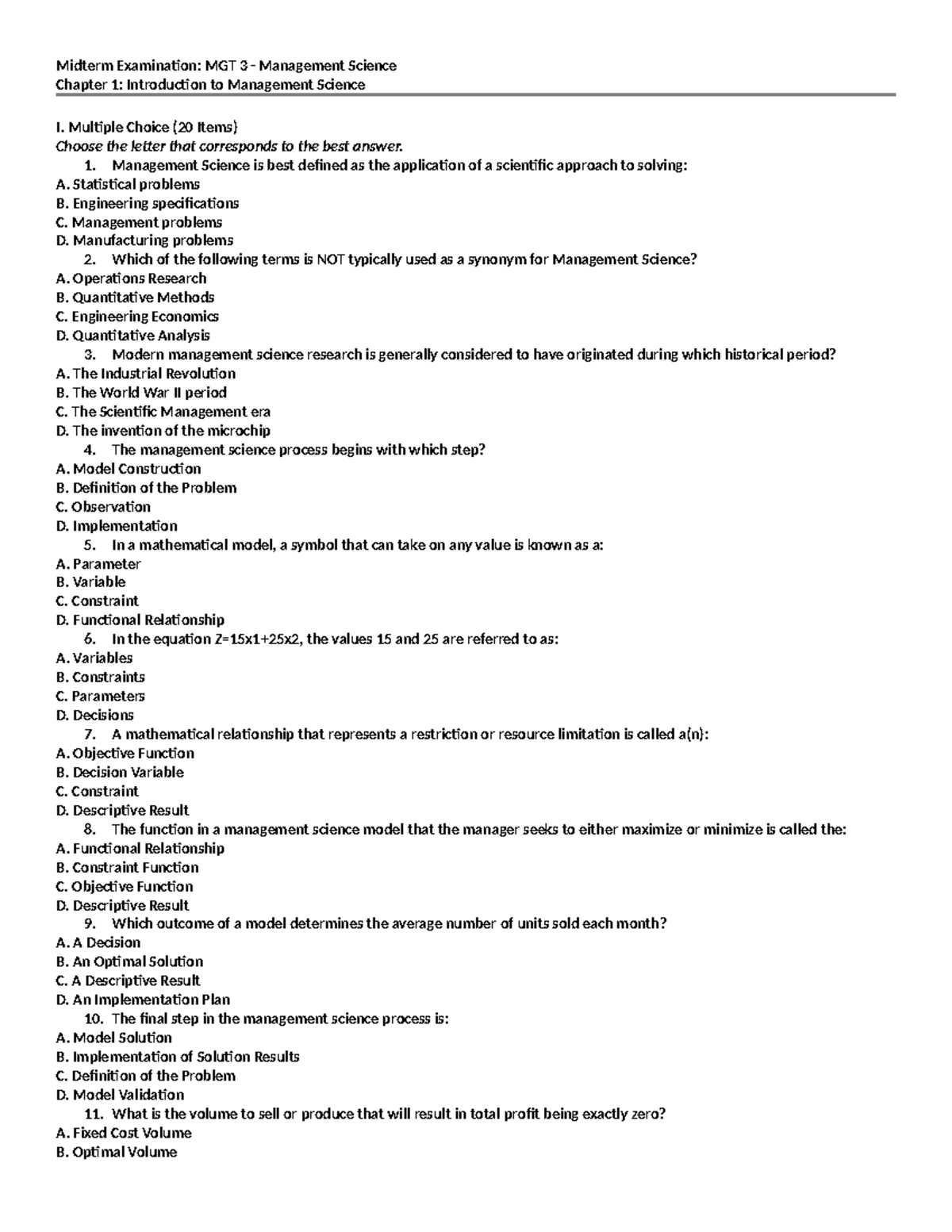 MGT 3: Midterm Exam Review Notes on Management Science Concepts - Studocu
