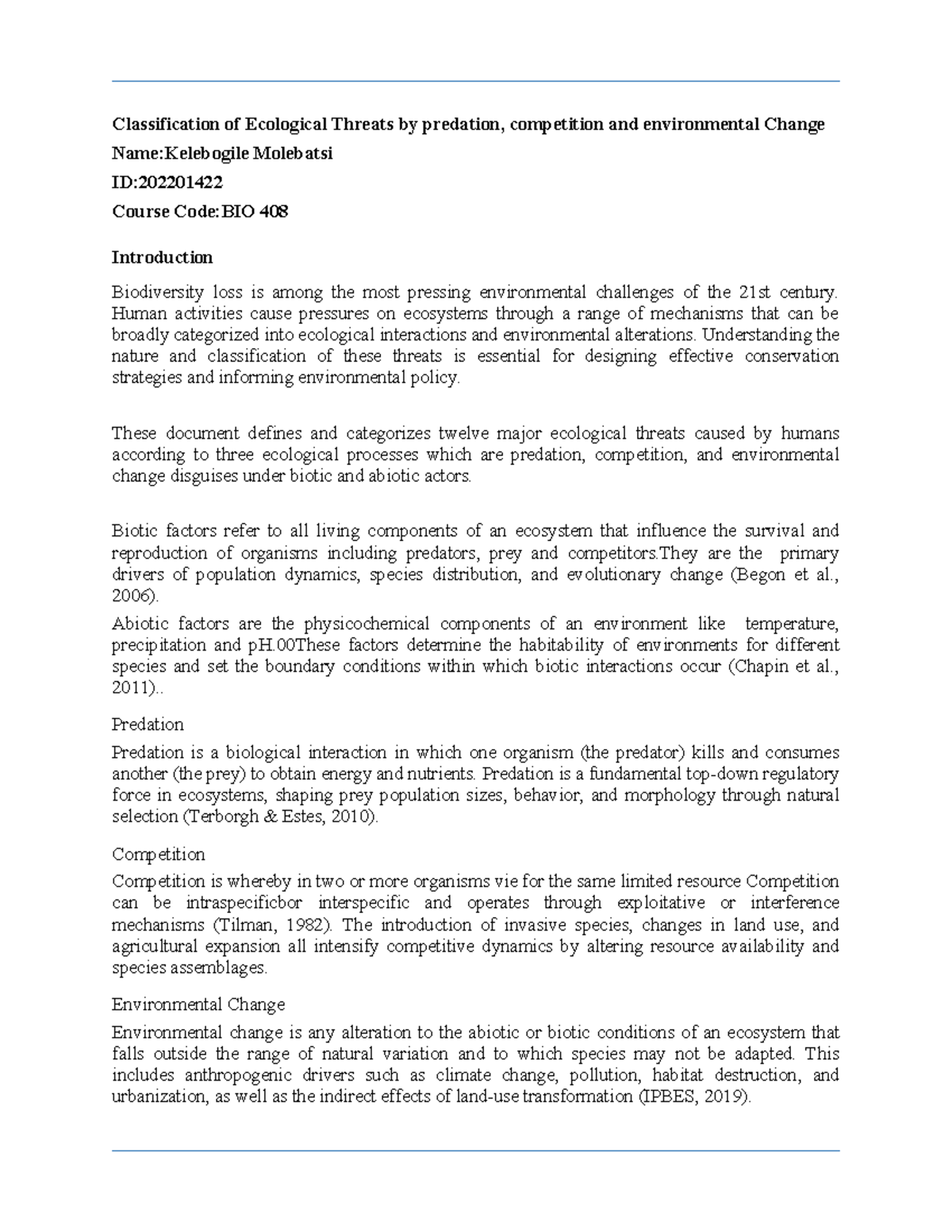 Classification of Ecological Threats: Predation, Competition & Change ...