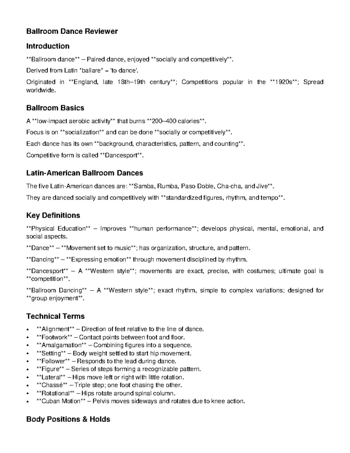 Ballroom Dance Review: Basics, Techniques, and Key Terms - Studocu