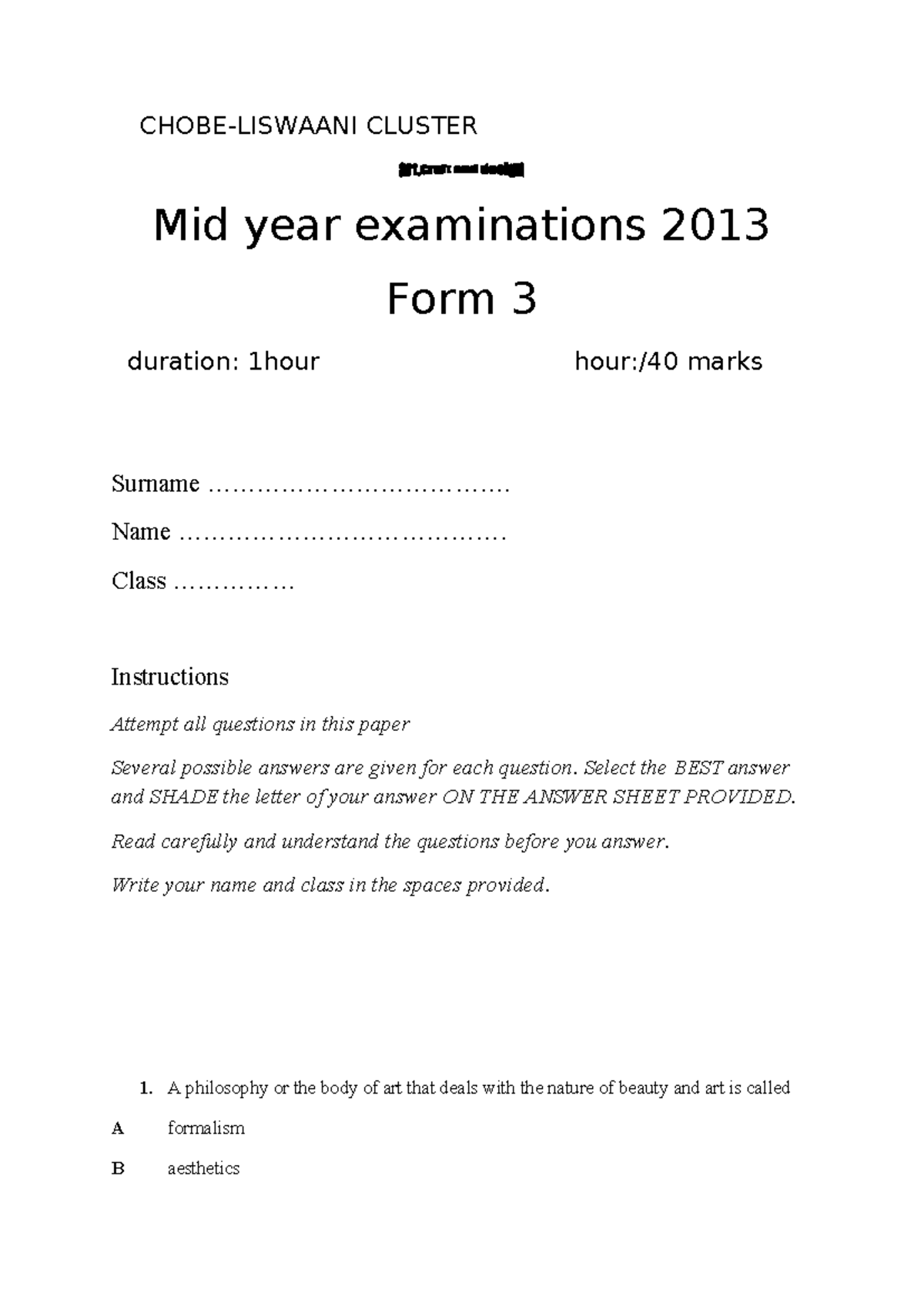 CLUSTER Mid Year Exam Study Guide 2013 - Form 3 - Studocu