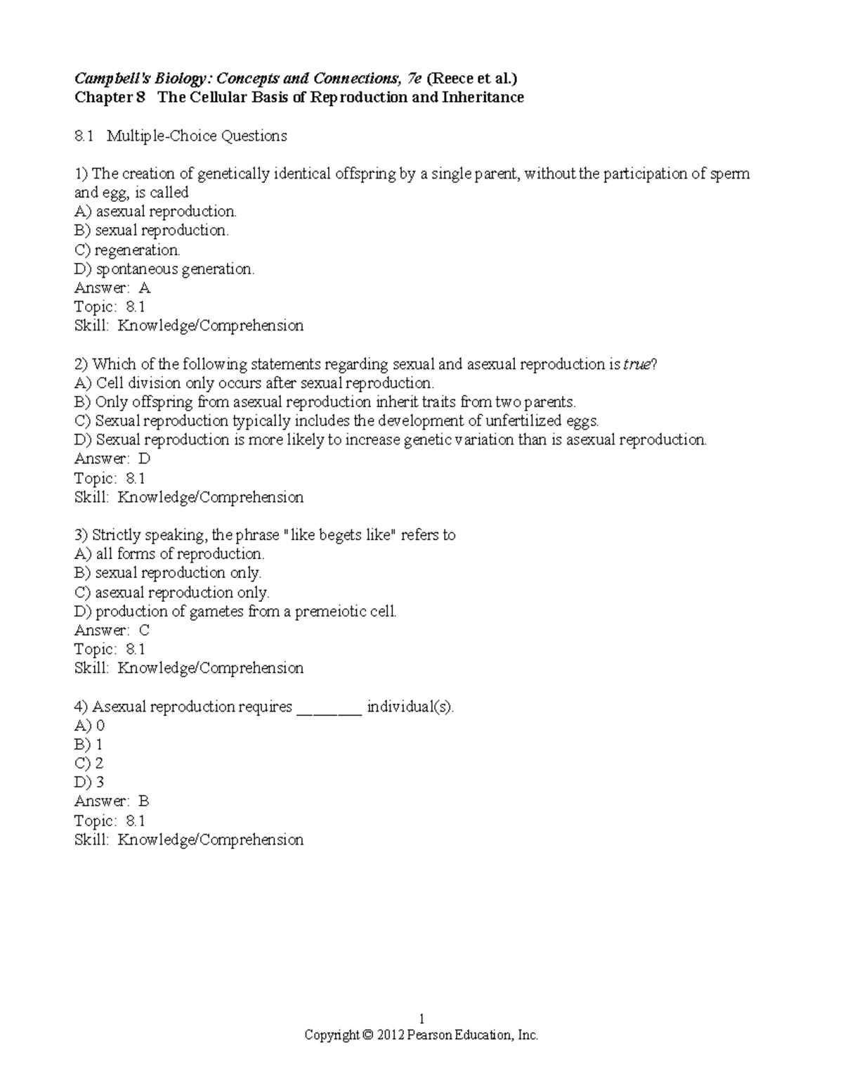 Biology 7e (Reece et al.) Chapter 8 Practice Test on Reproduction ...