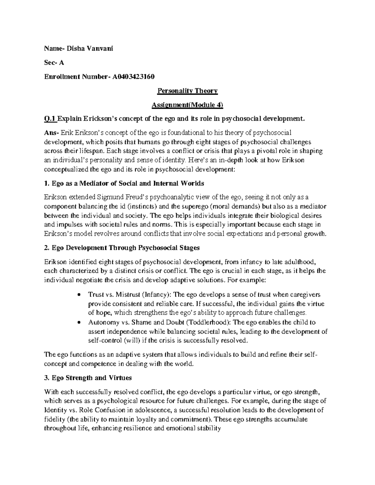 Personality Assignment: Erikson's Ego and Psychosocial Development ...
