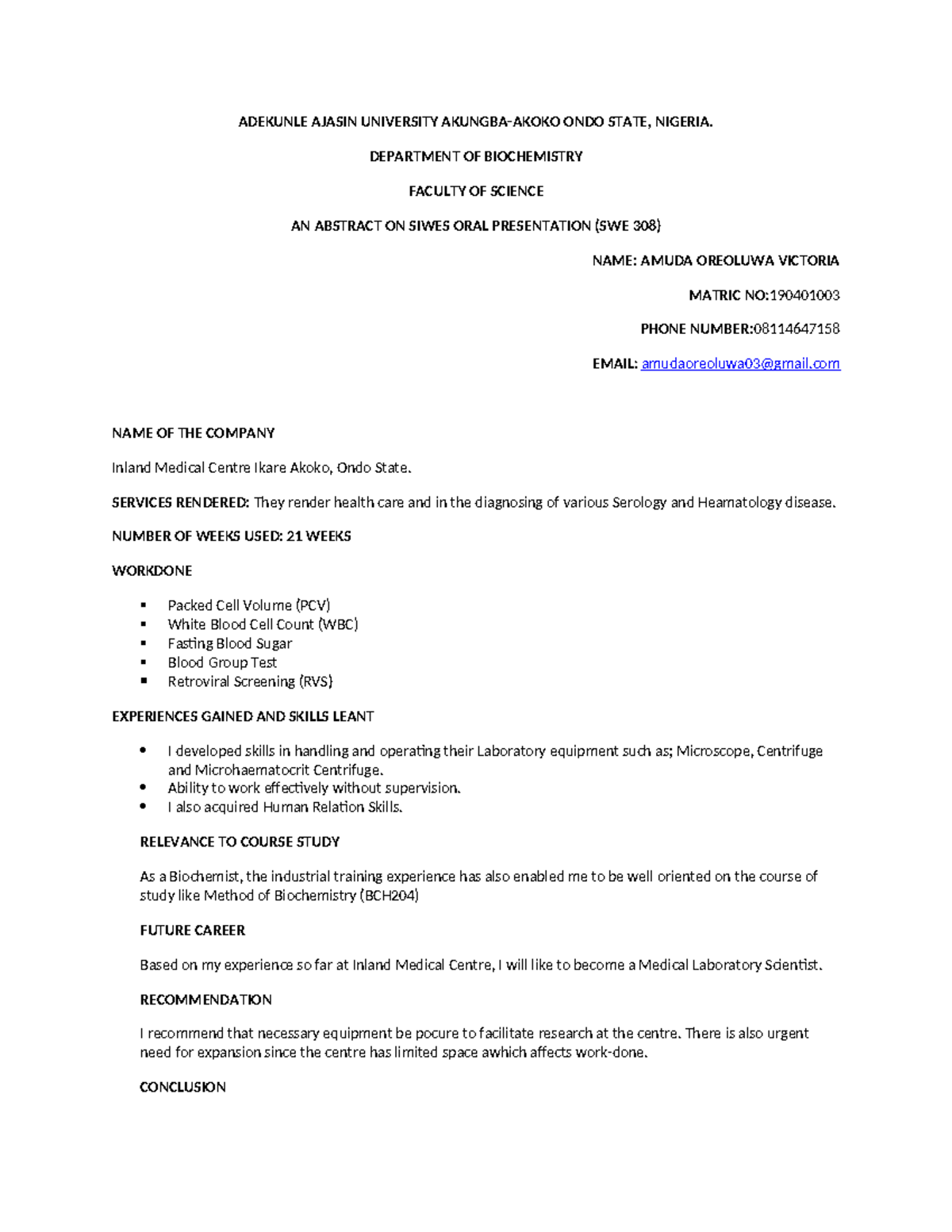 SWE 308 Abstract Report on SIWES by Amuda Oreoluwa Victoria - Studocu