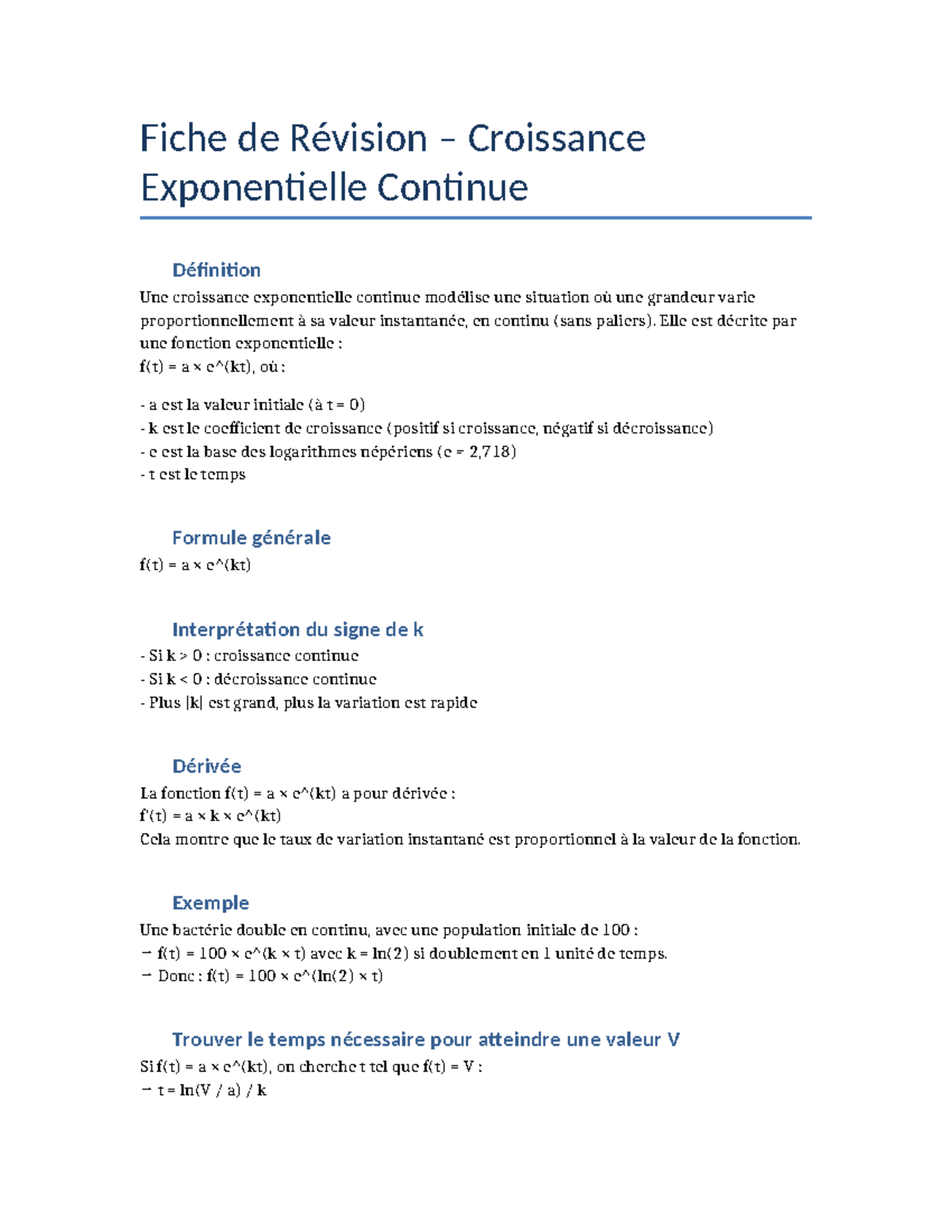Fiche Révision Croissance Exponentielle Continue - Fiche de Révision ...