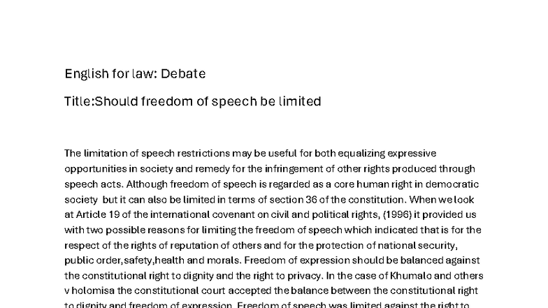 English for Law: Debate on Limiting Freedom of Speech - Studocu