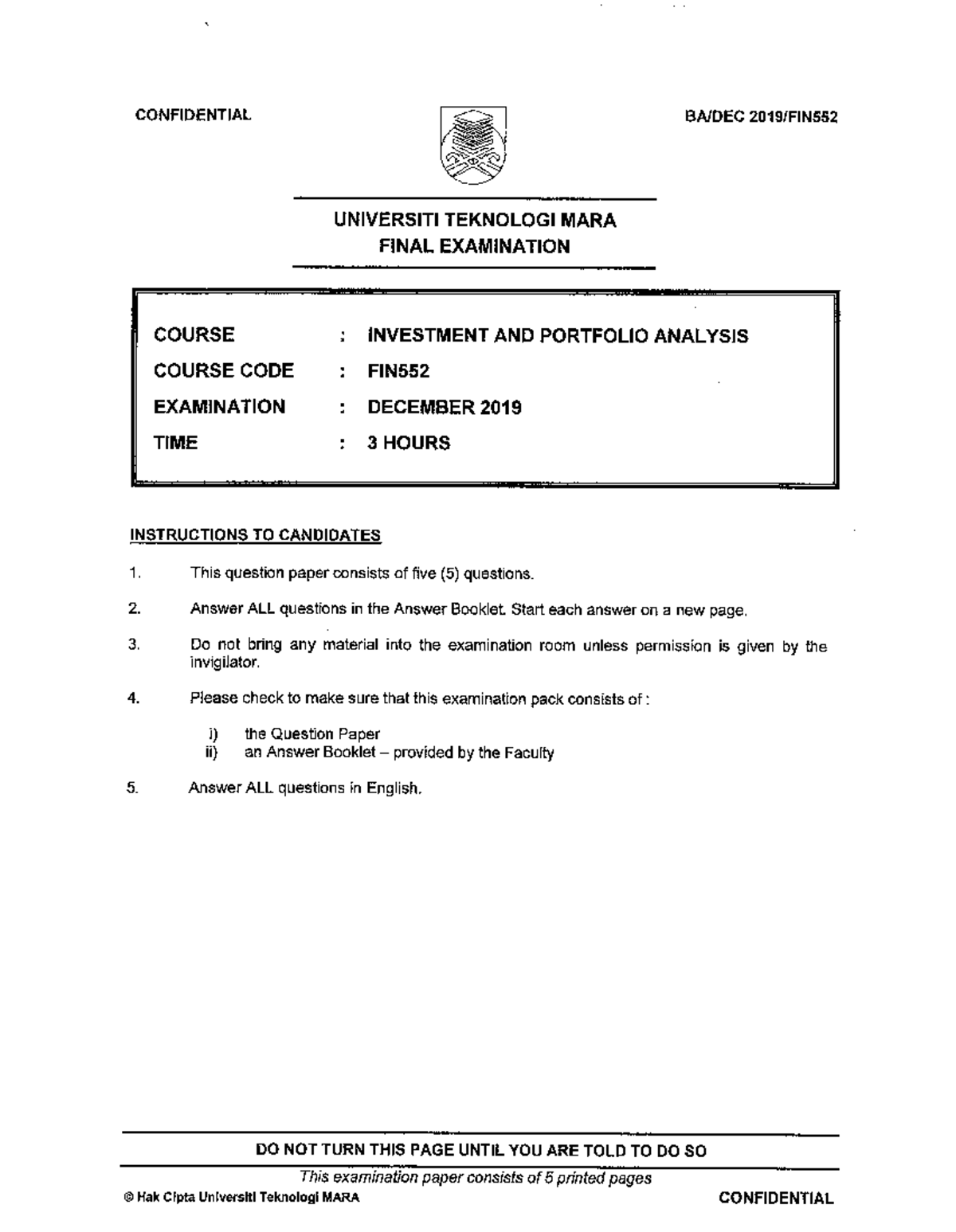 FIN552 Final Exam: Investment & Portfolio Analysis - Dec 2019 - Studocu