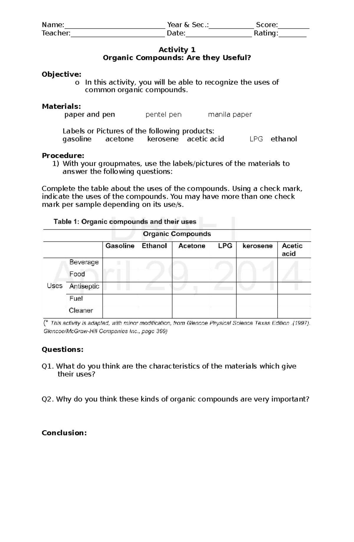 Organic Compounds & Their Properties: Group Activities (Chem 101) - Studocu