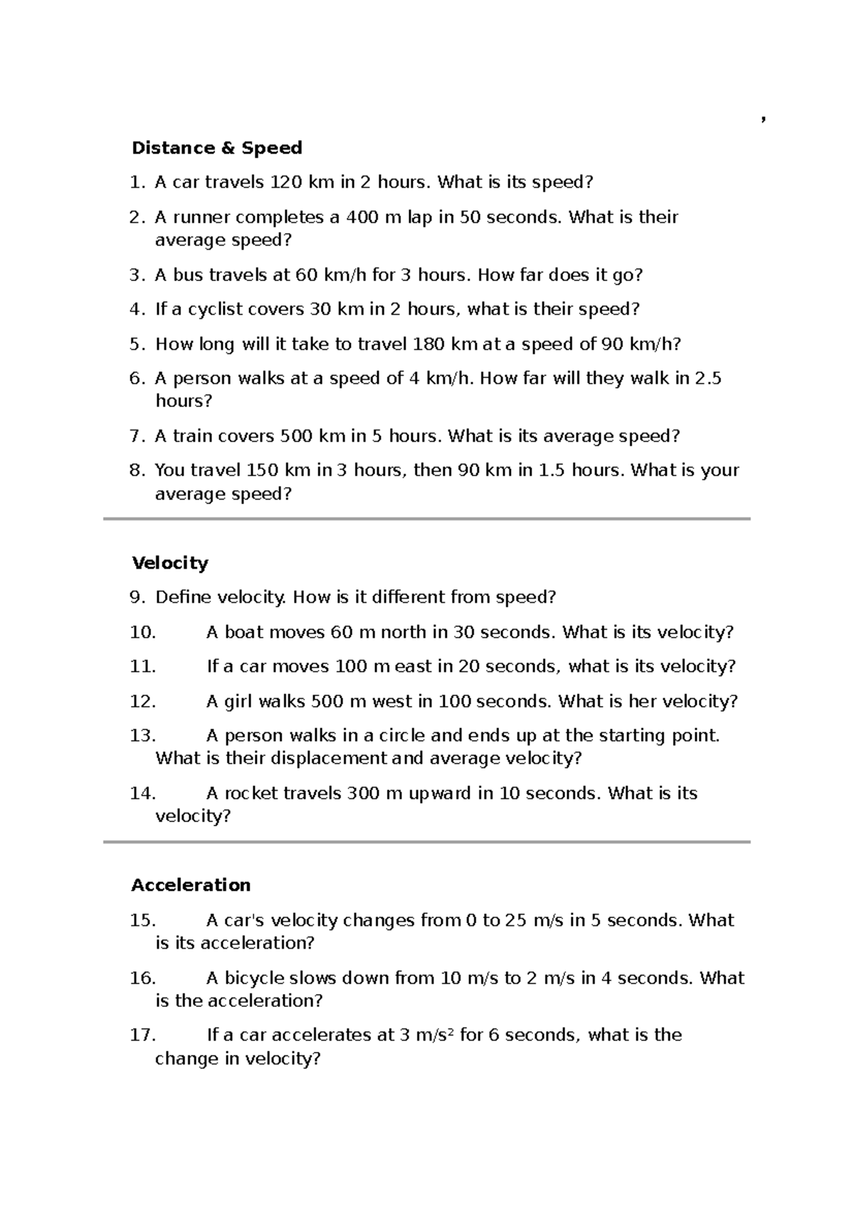 Distance, Speed, Velocity & Acceleration Practice Questions for Physics ...