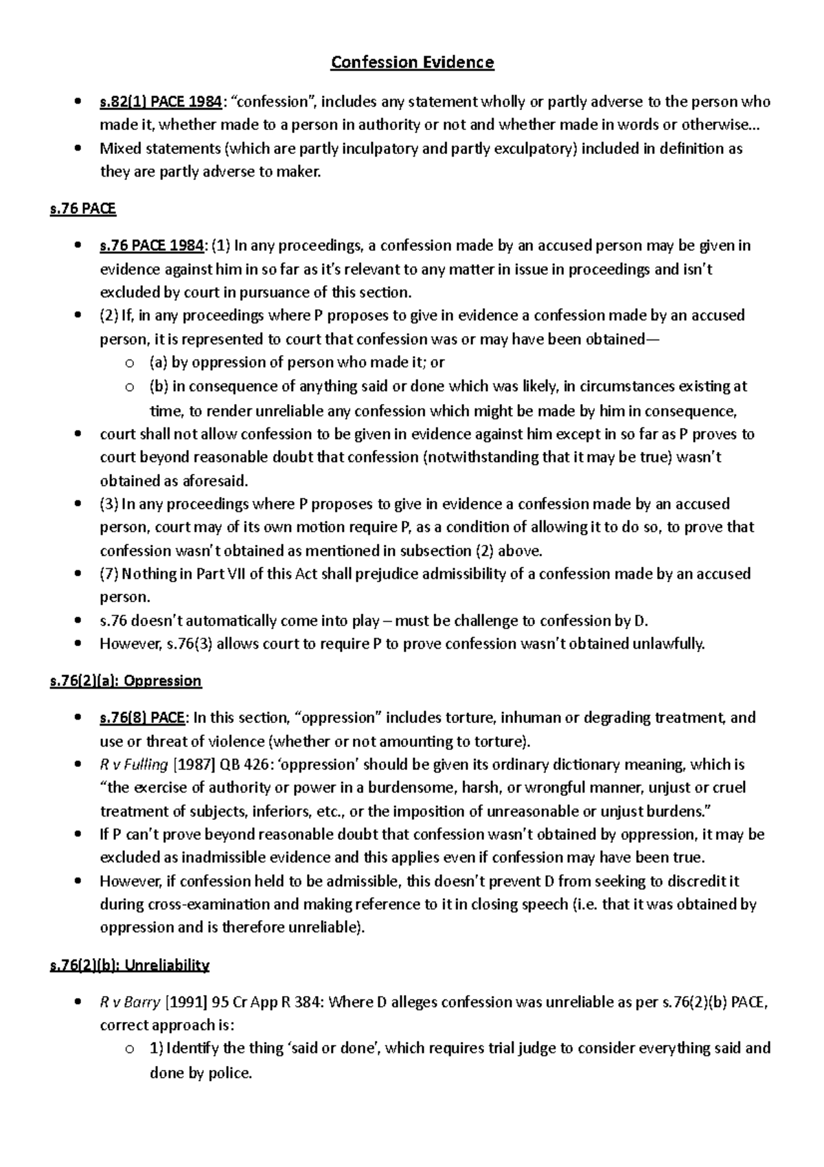 Confession Evidence - bptc - Confession Evidence s(1) PACE 1984 ...