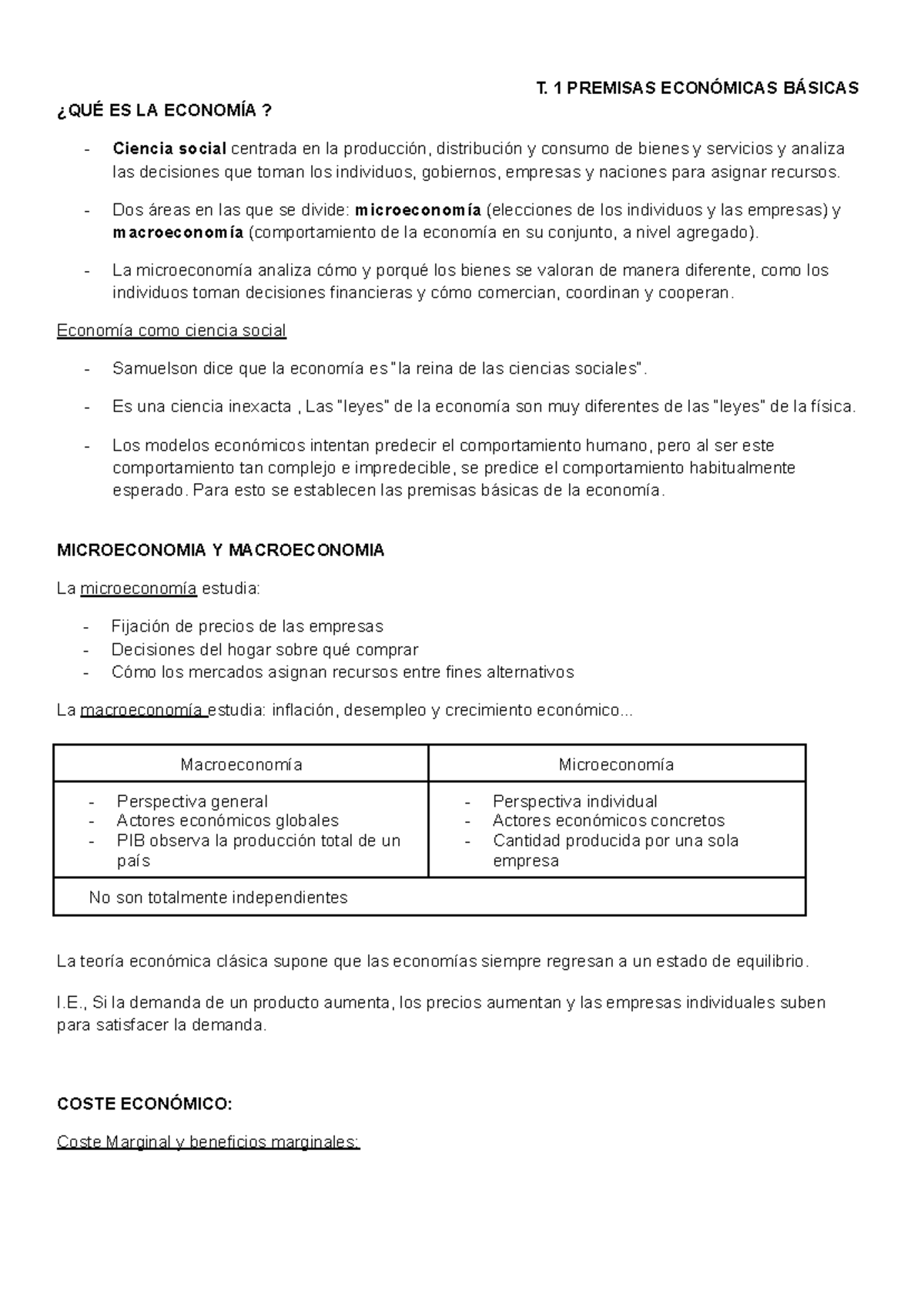 Microeco T1: Premisas Básicas de la Economía y Modelos Económicos - Studocu