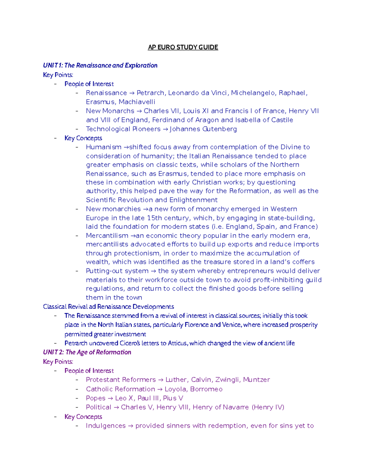 AP EURO Study Guide - AP EURO STUDY GUIDE UNIT 1: The Renaissance and ...