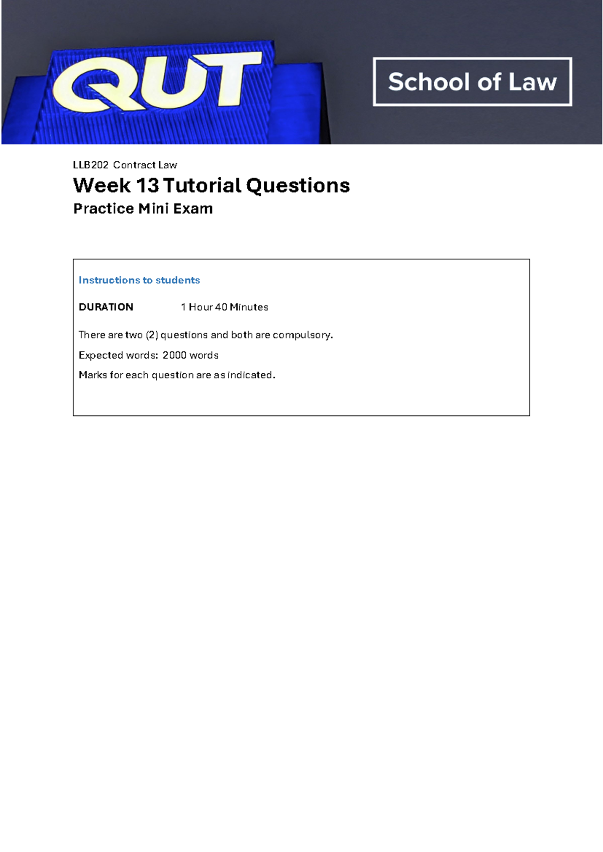 LLB202 2024 S2 Week 13 Tutorial Questions - LLB202 Contract Law Week 13 ...