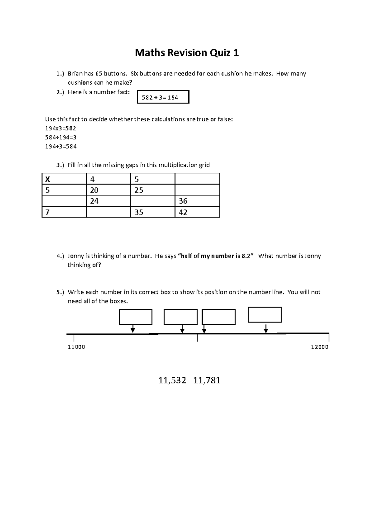 Maths Revision Quiz 1: Button Cushions & Number Facts - Studocu