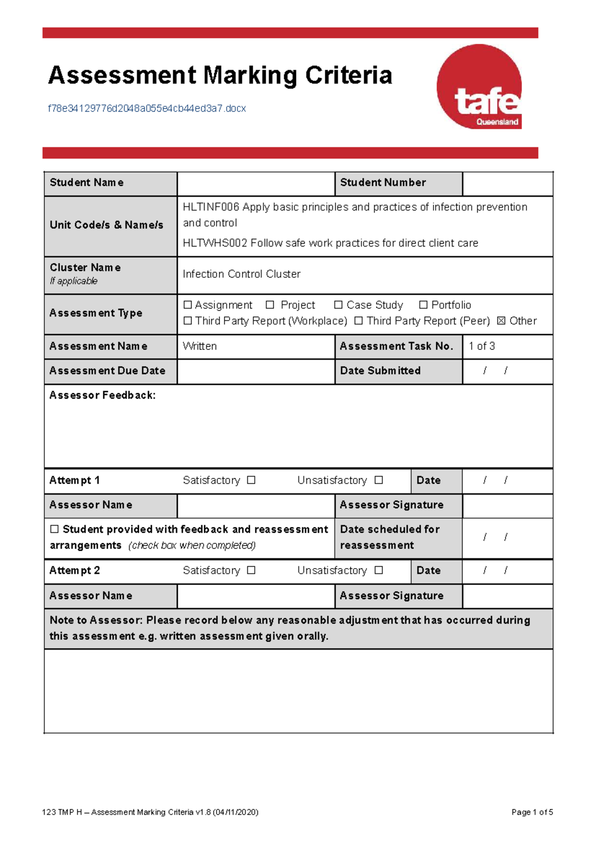 HLTINF006 & HLTWHS002 Assessment Marking Criteria for AT1 - Studocu