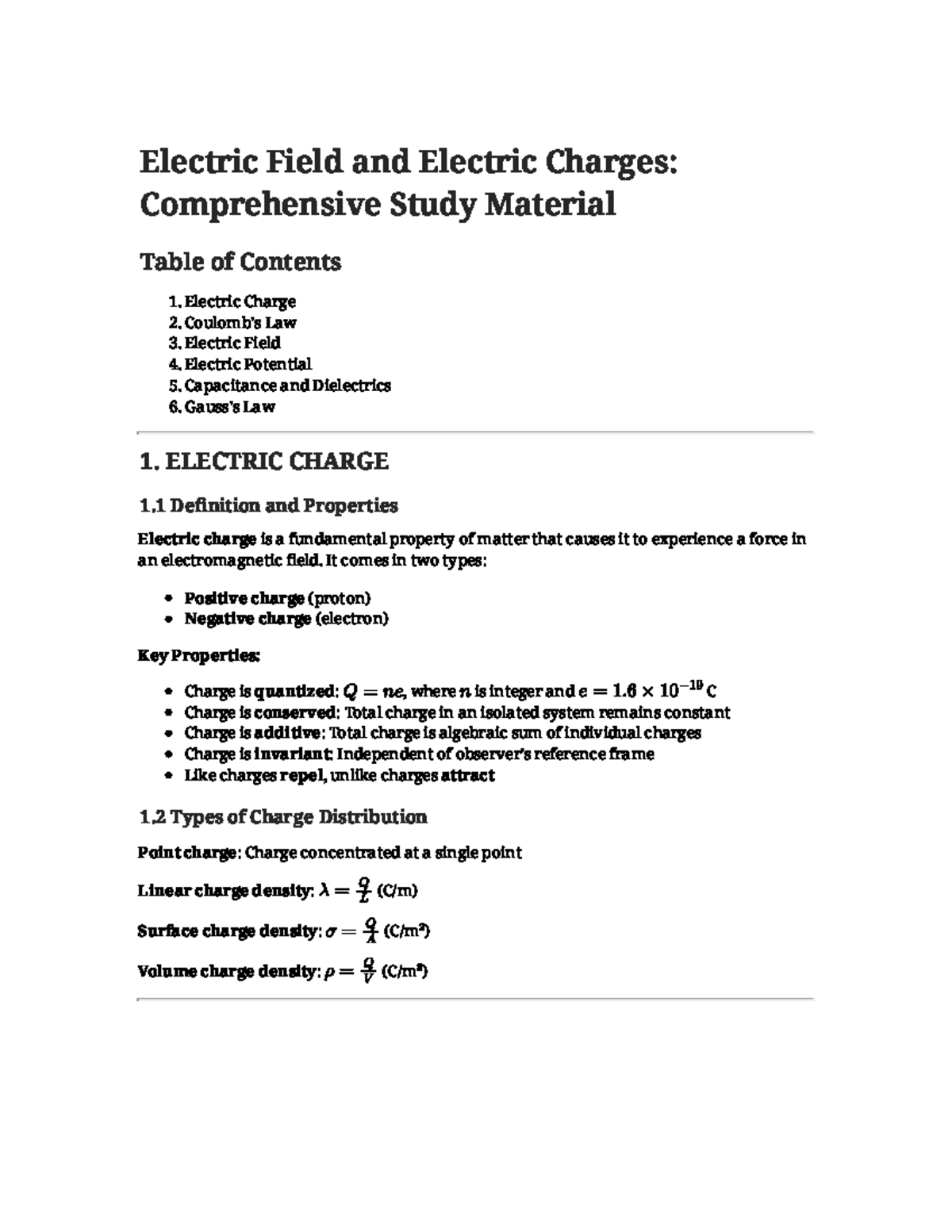Electric Field and Charges: Comprehensive Study Material (PHYS 101 ...