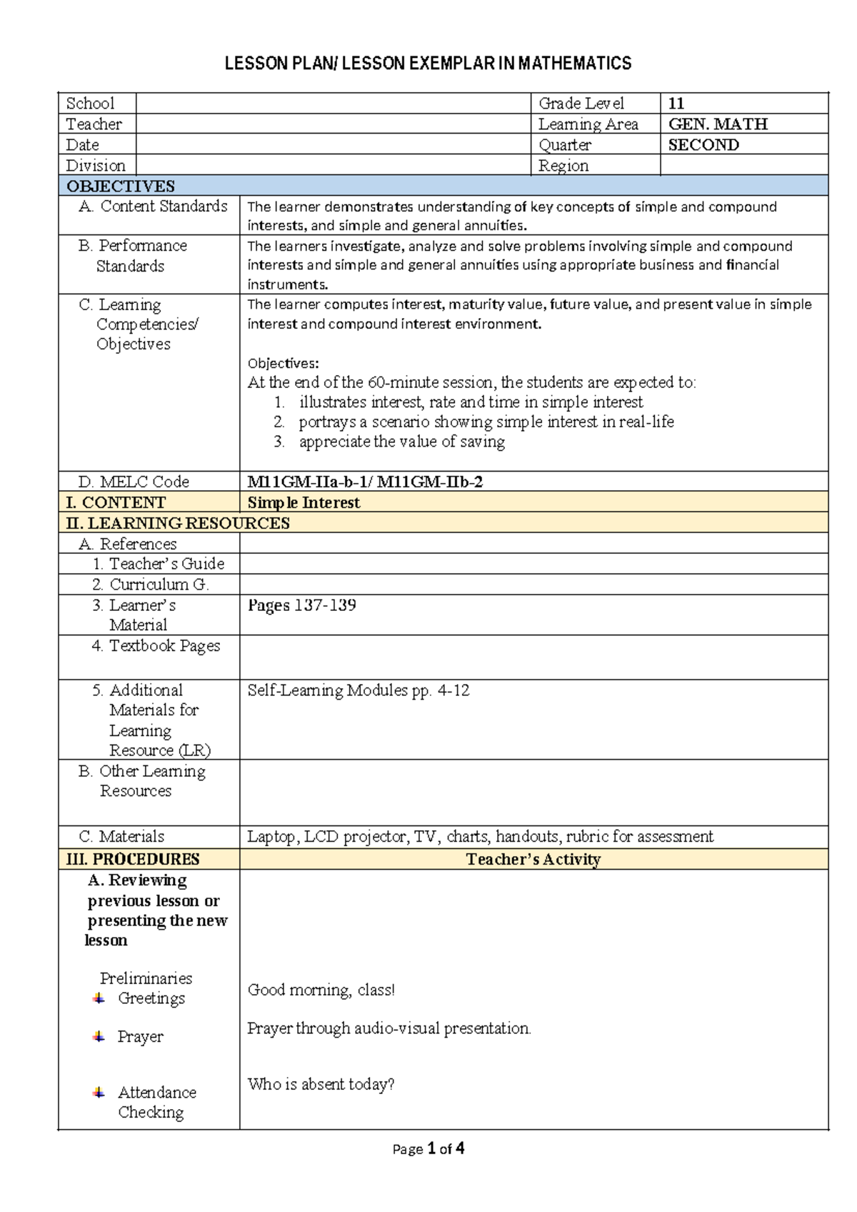 GEN MATH 11 Lesson Plan: Simple Interest Concepts and Activities - Studocu