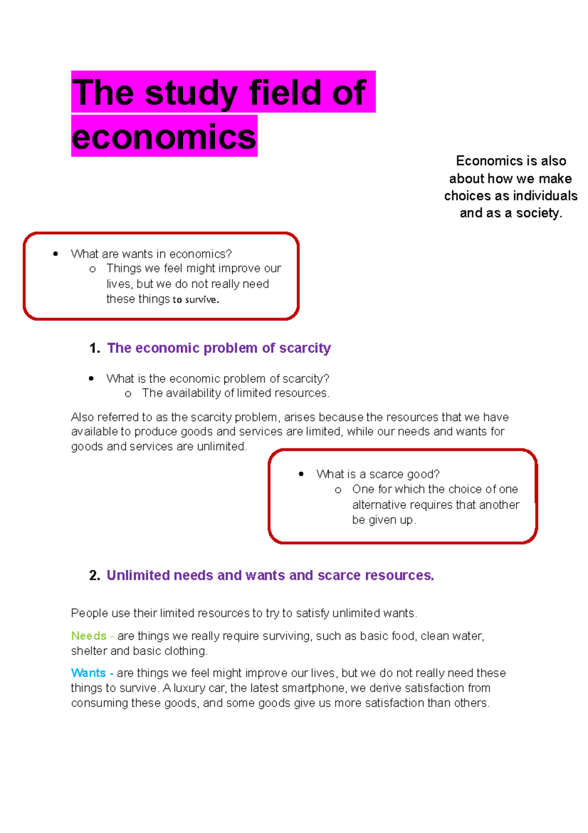 ECS1501 - Unit 1 Study Notes: Economic Scarcity and Choices - Studocu