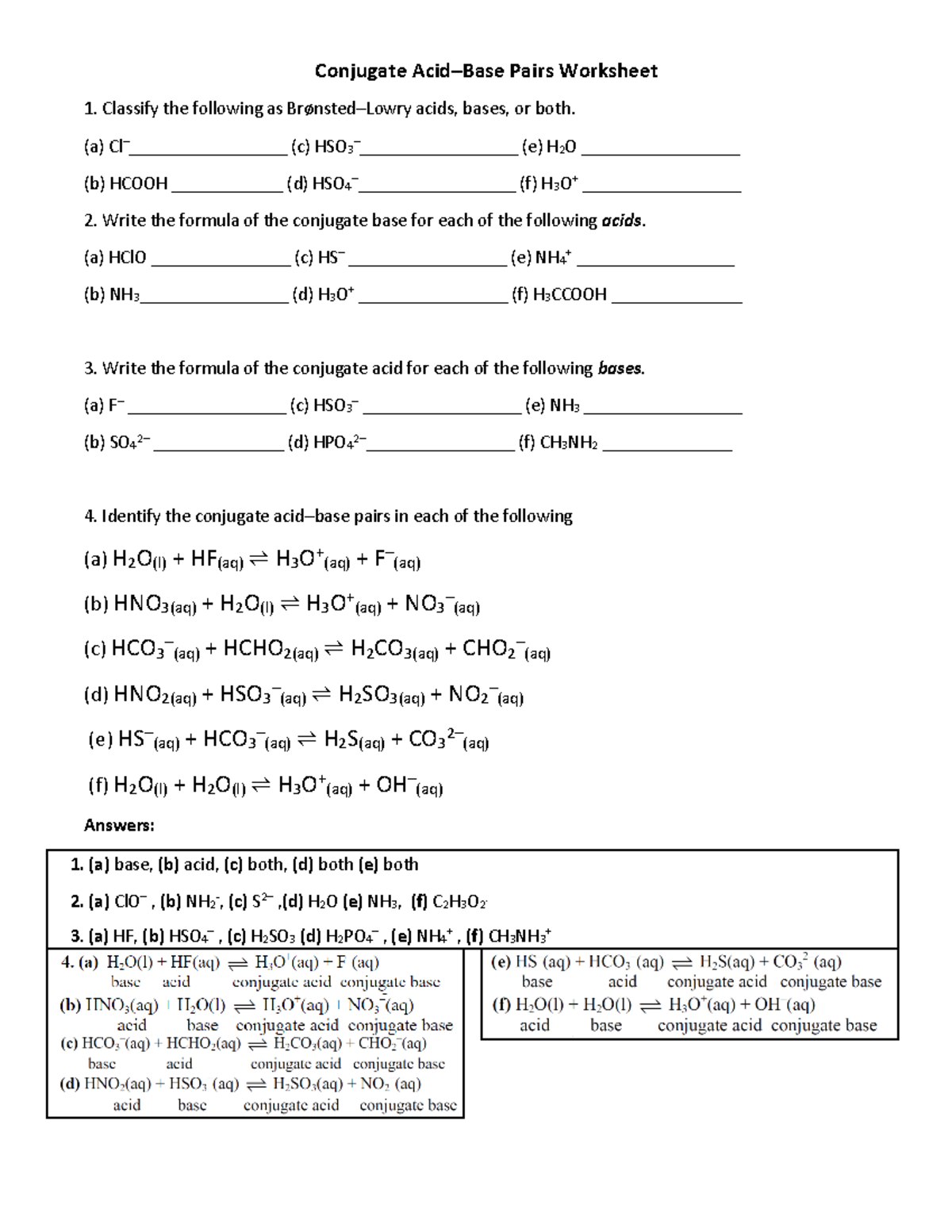 Conjugate Acid Base Pair Worksheet - Classify the following as Brønsted ...