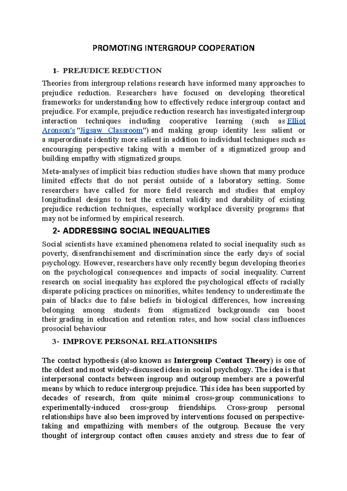 Promoting Intergroup Cooperation - PROMOTING INTERGROUP COOPERATION 1 ...