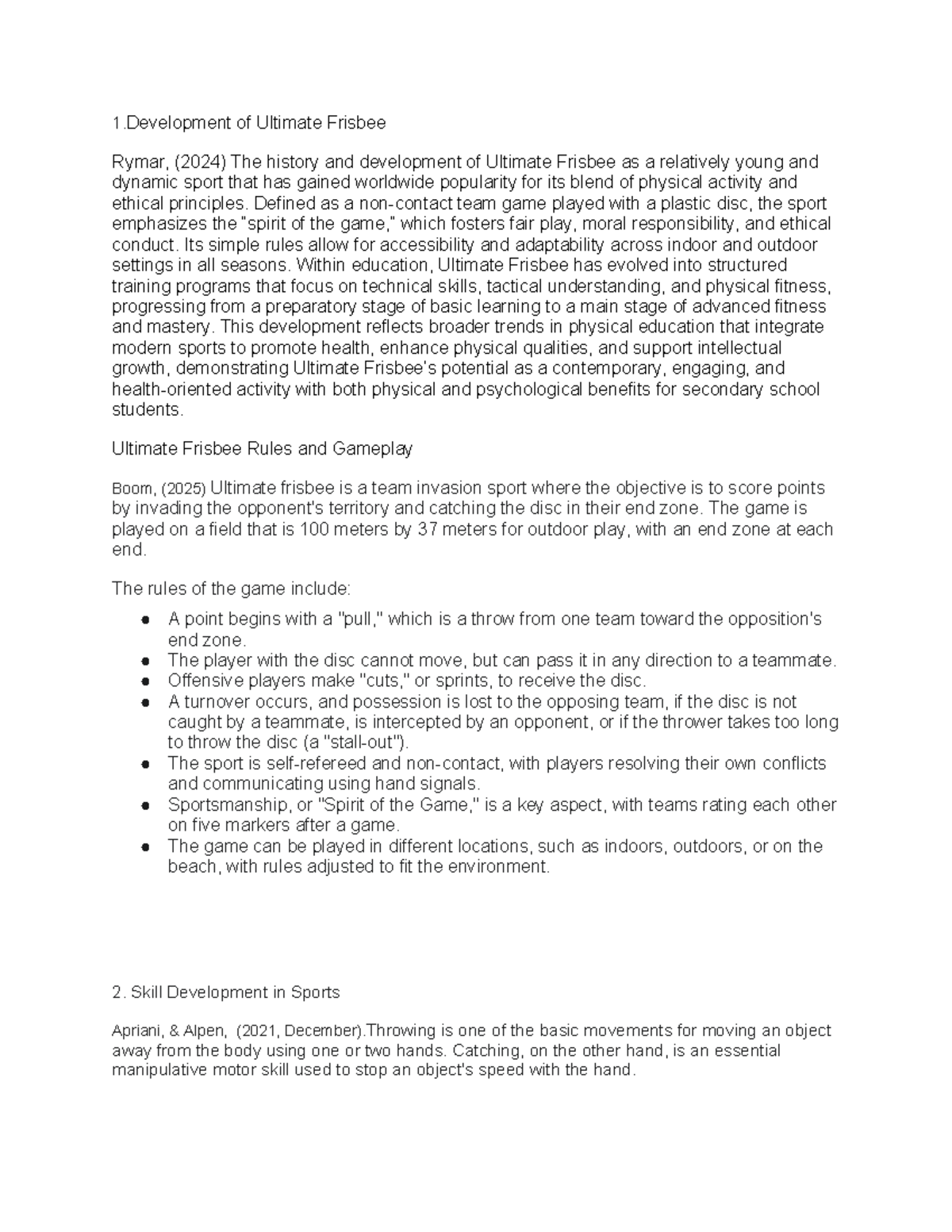 RRL-12: Development and Rules of Ultimate Frisbee - Studocu