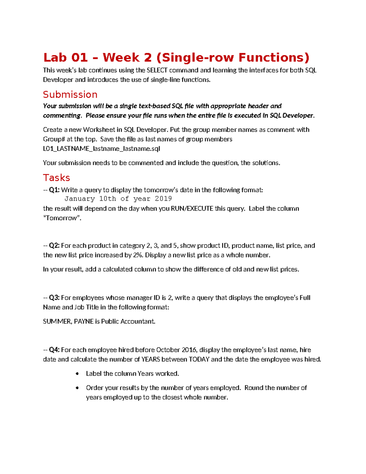 DBS311 Lab01 - Week 2 SQL Functions and Queries Exercise - Studocu